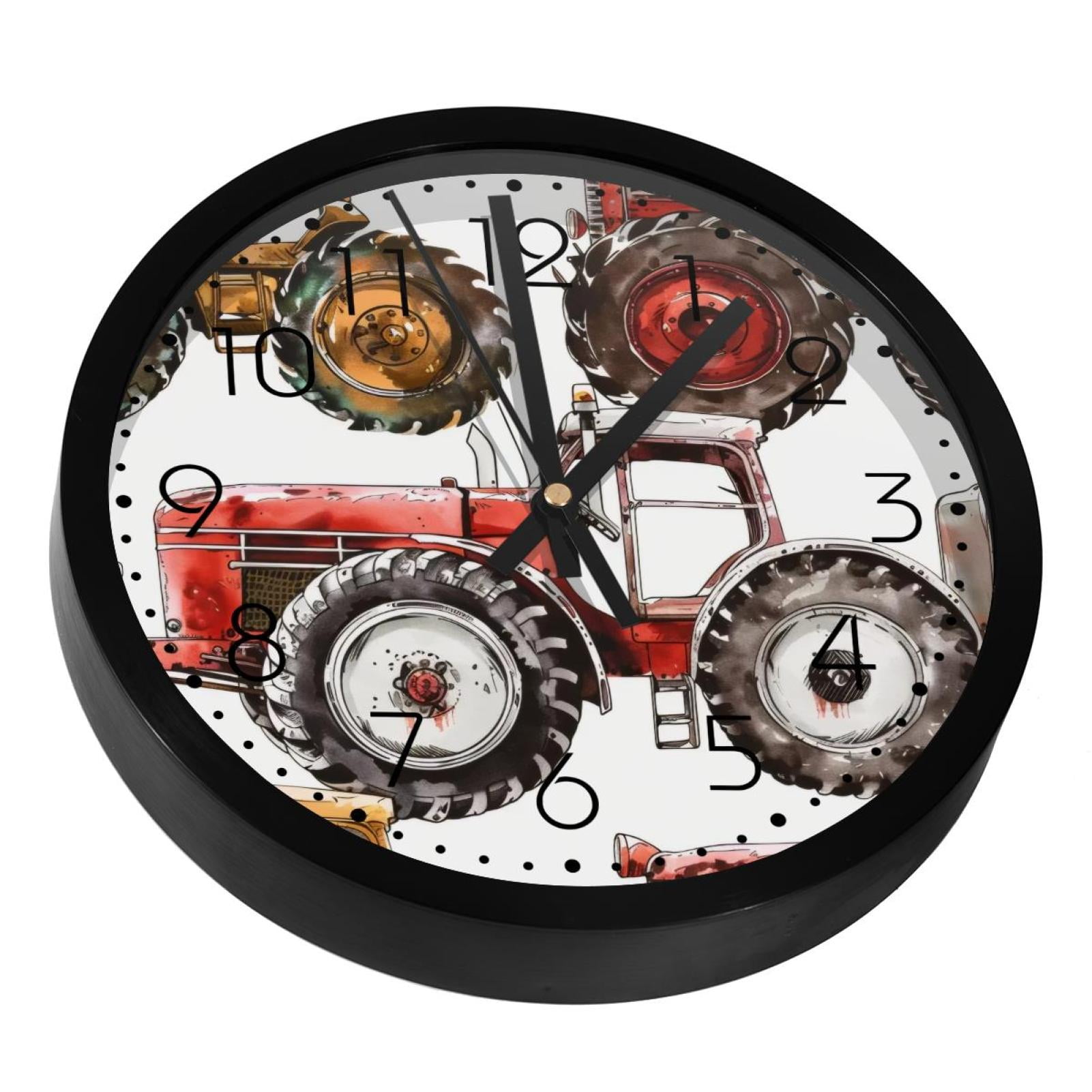 Red Farm Tractor Silent Wall Clock, Non Ticking Battery Operated 9.8 ...