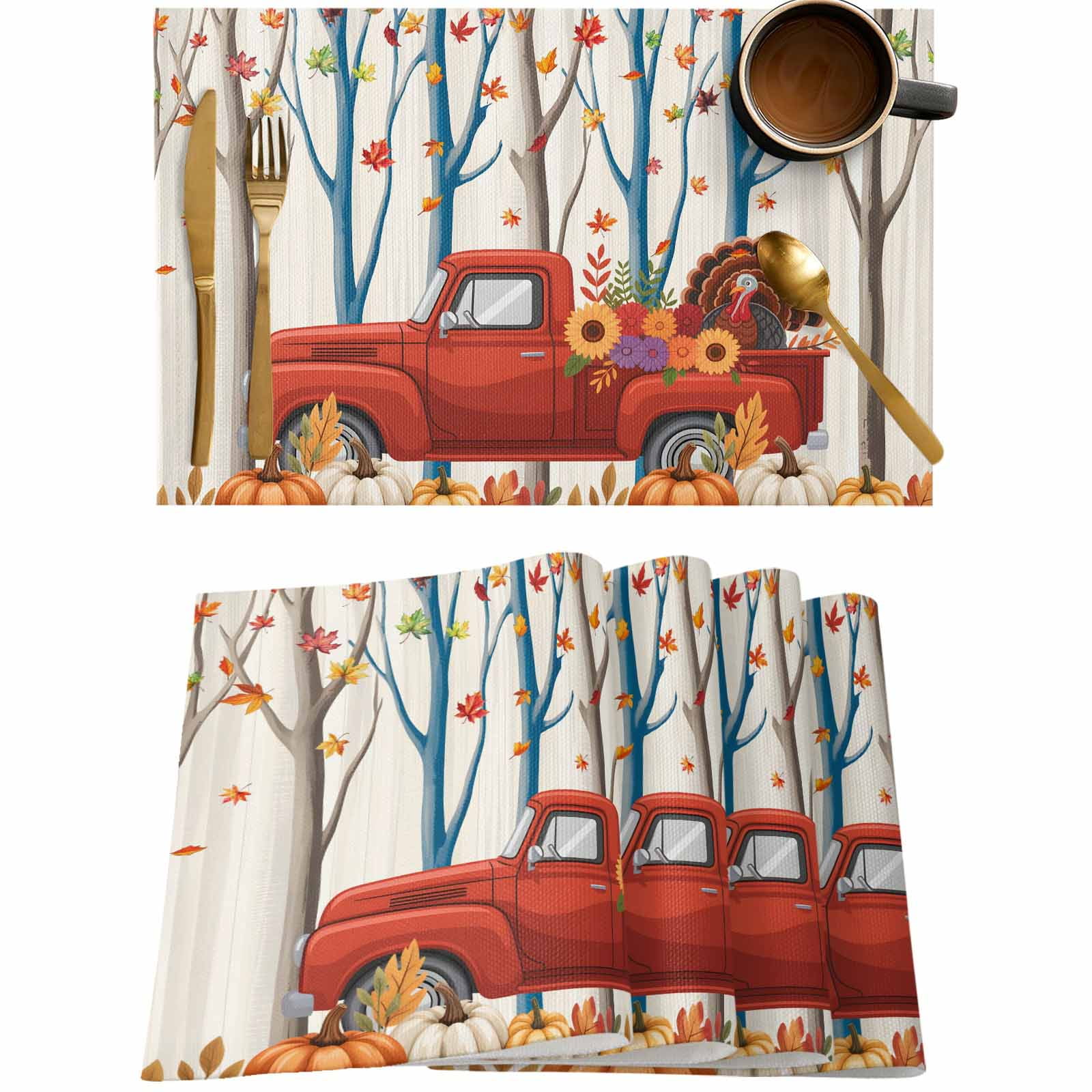 Red Farm Truck Turkey Fall Maple Leaves Placemats Set of 4,Wipeable ...