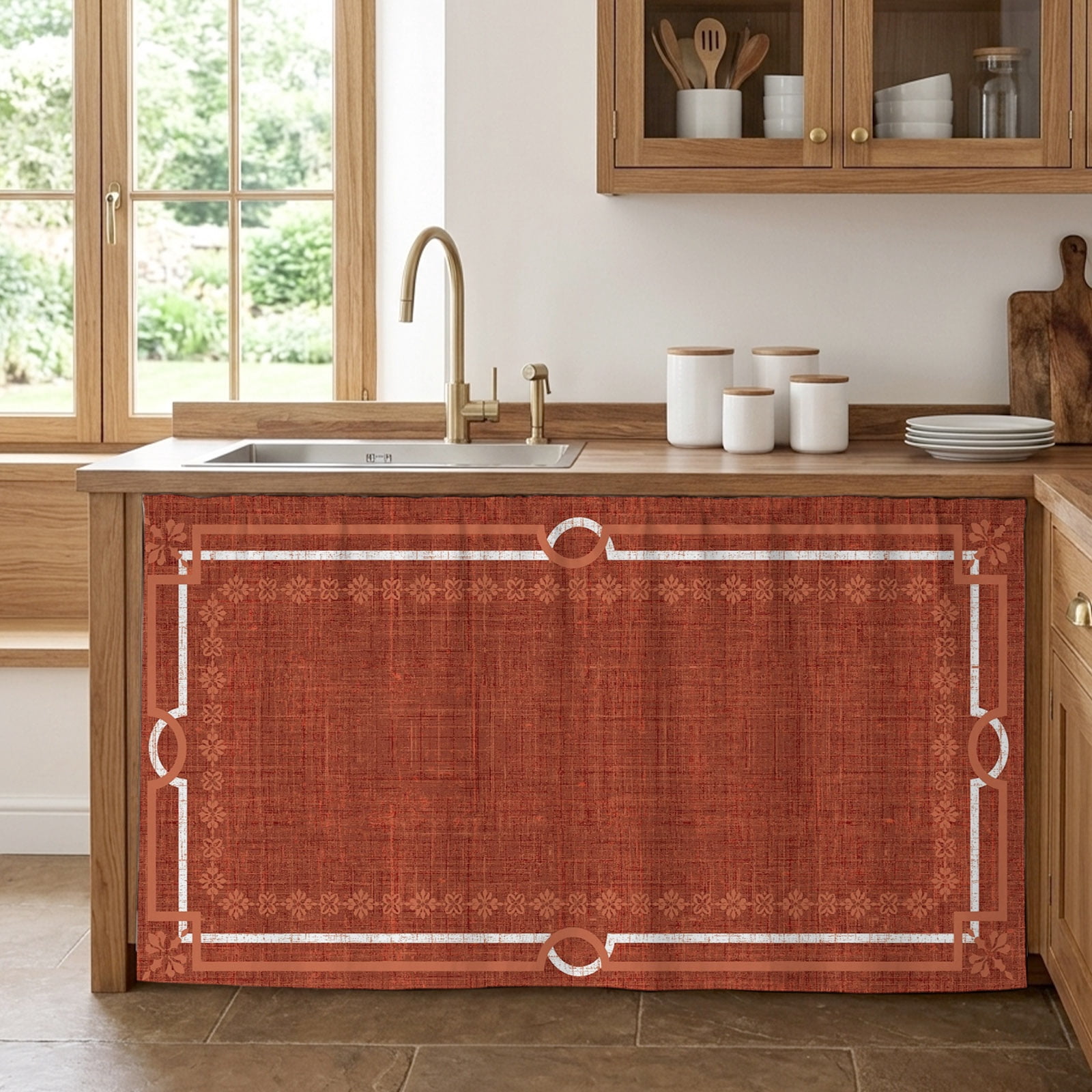 Red Farmhouse Cabinet Curtains 32" W x 55" L, Linen Texture Geometric ...