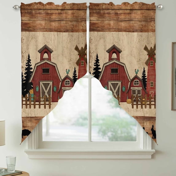 Red Farmhouse Swag Kitchen Curtain Valances, Country Farm Barn Cow Pig ...
