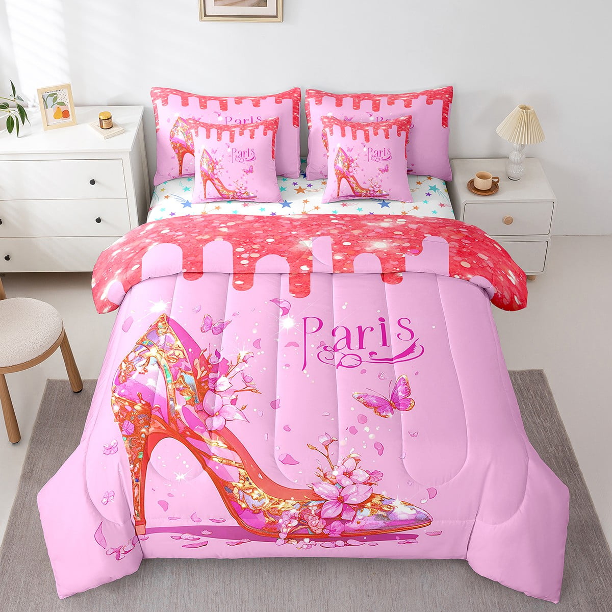 Red Fashion Bed in a Bag 7 Piece for Women Pink Butterfly Bedding Sets ...