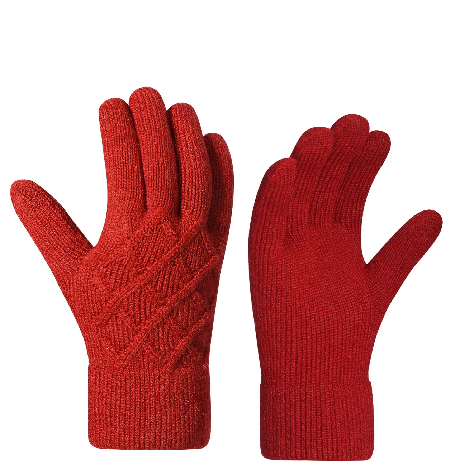 Red Female Winter Knitted Double-Layer Gloves With Velvet For Outdoors ...