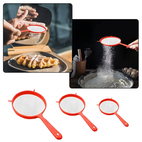 Red Fine Mesh Strainer Set of 3, Plastic Handle Flour Sifter Sieve for ...