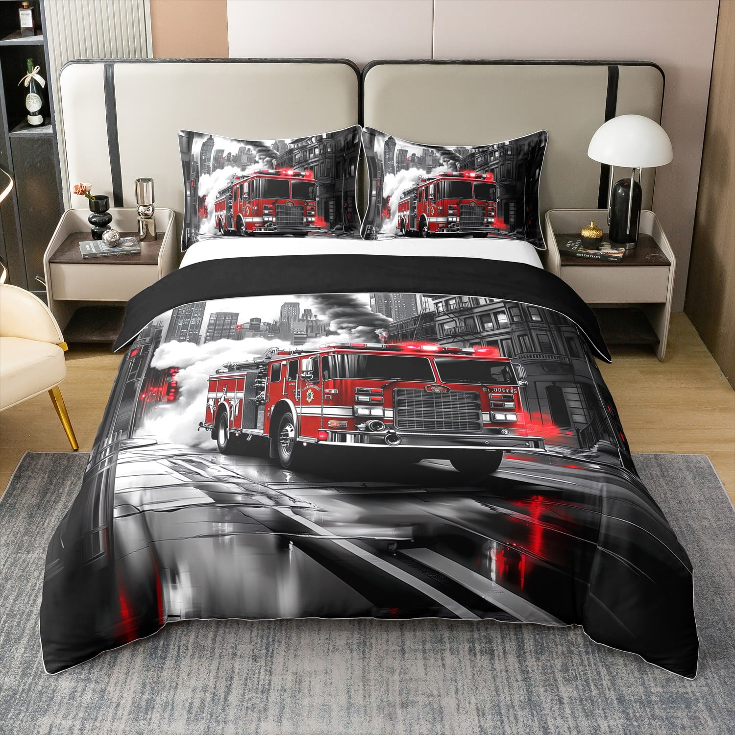 Red Fire Engine 100% Cotton Duvet Cover Queen,Black White Urban Street ...