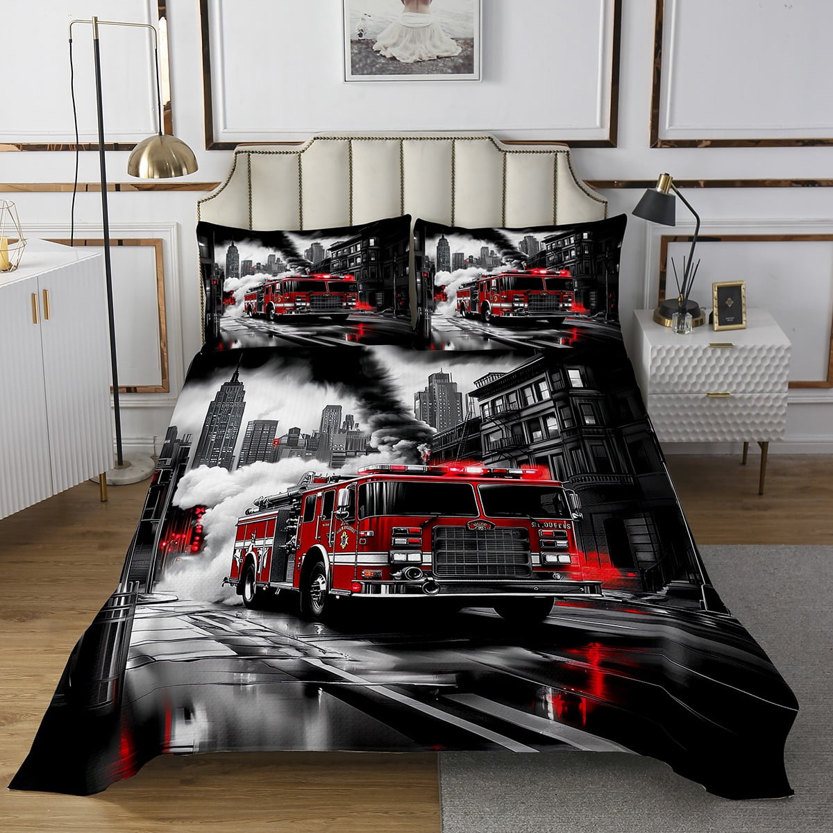 Red Fire Engine Bedspread Queen Size,Black White Urban Street View ...