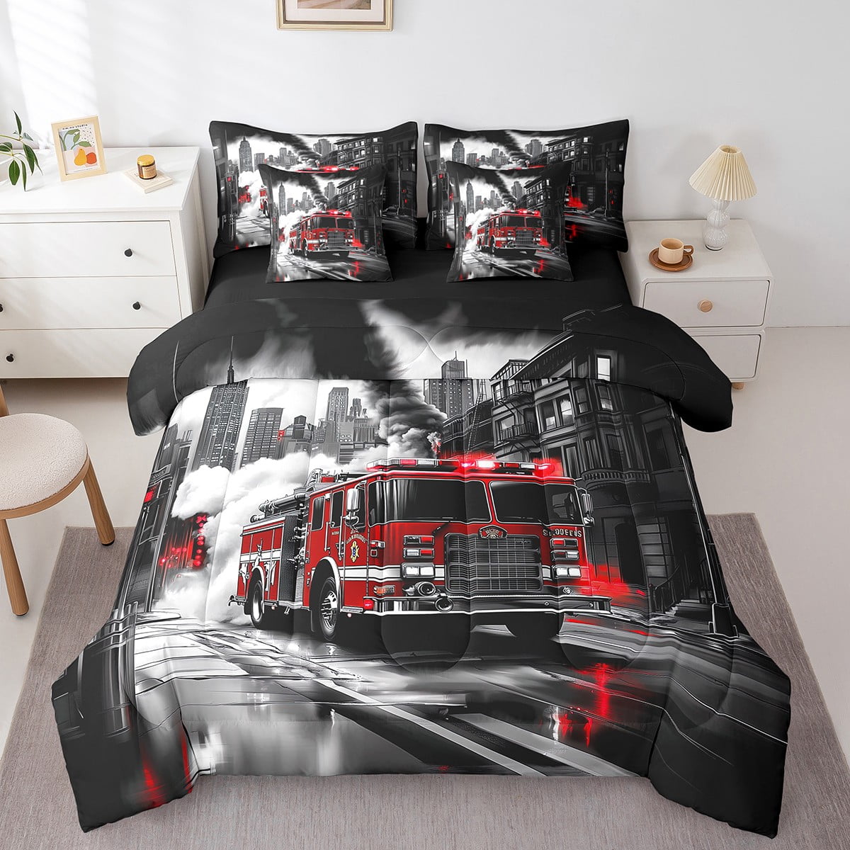 Red Fire Engine Comforter Set Full,Black White Urban Street View ...