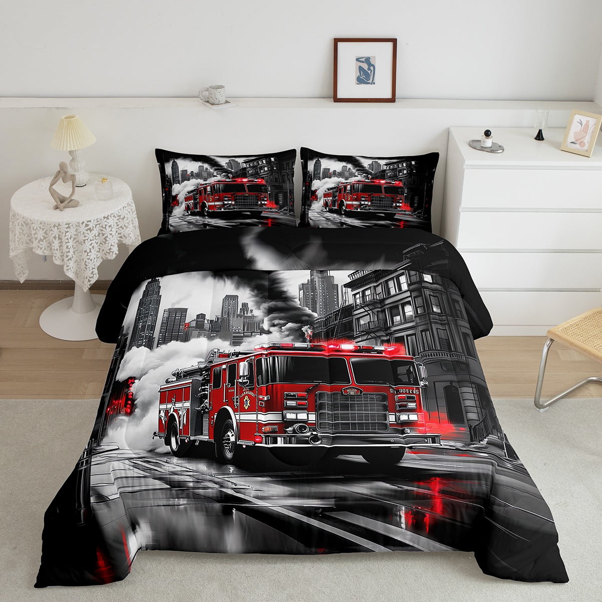 Red Fire Engine Comforter Set Queen Size,Black White Urban Street View ...