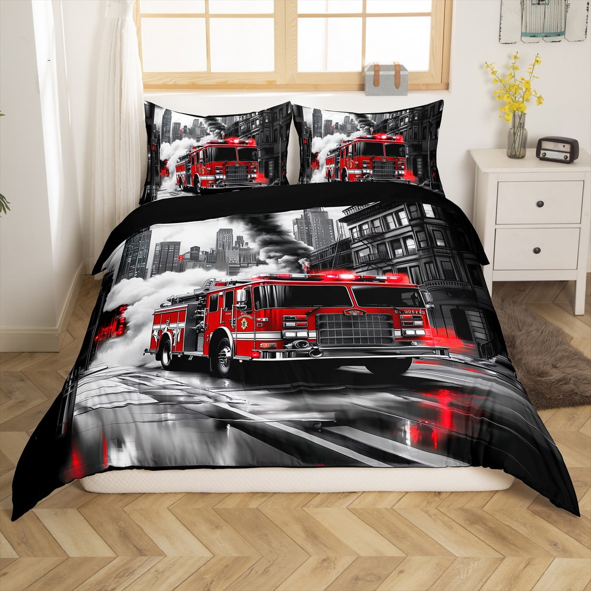 Red Fire Engine Duvet Cover Queen Size,Black White Urban Street View ...