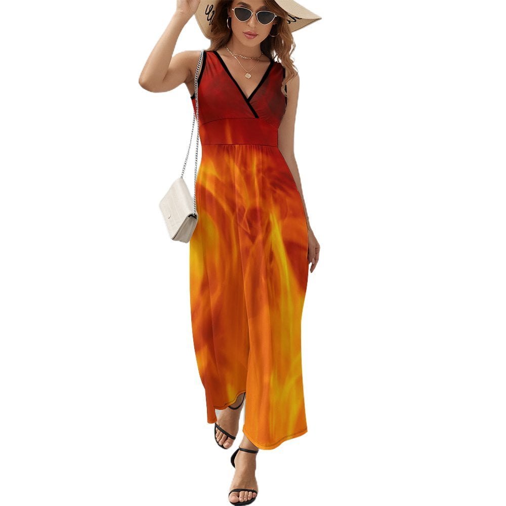 Red Fire Flame Art Dress LadiesSexy Maxi Dress V Neck High Waist ...