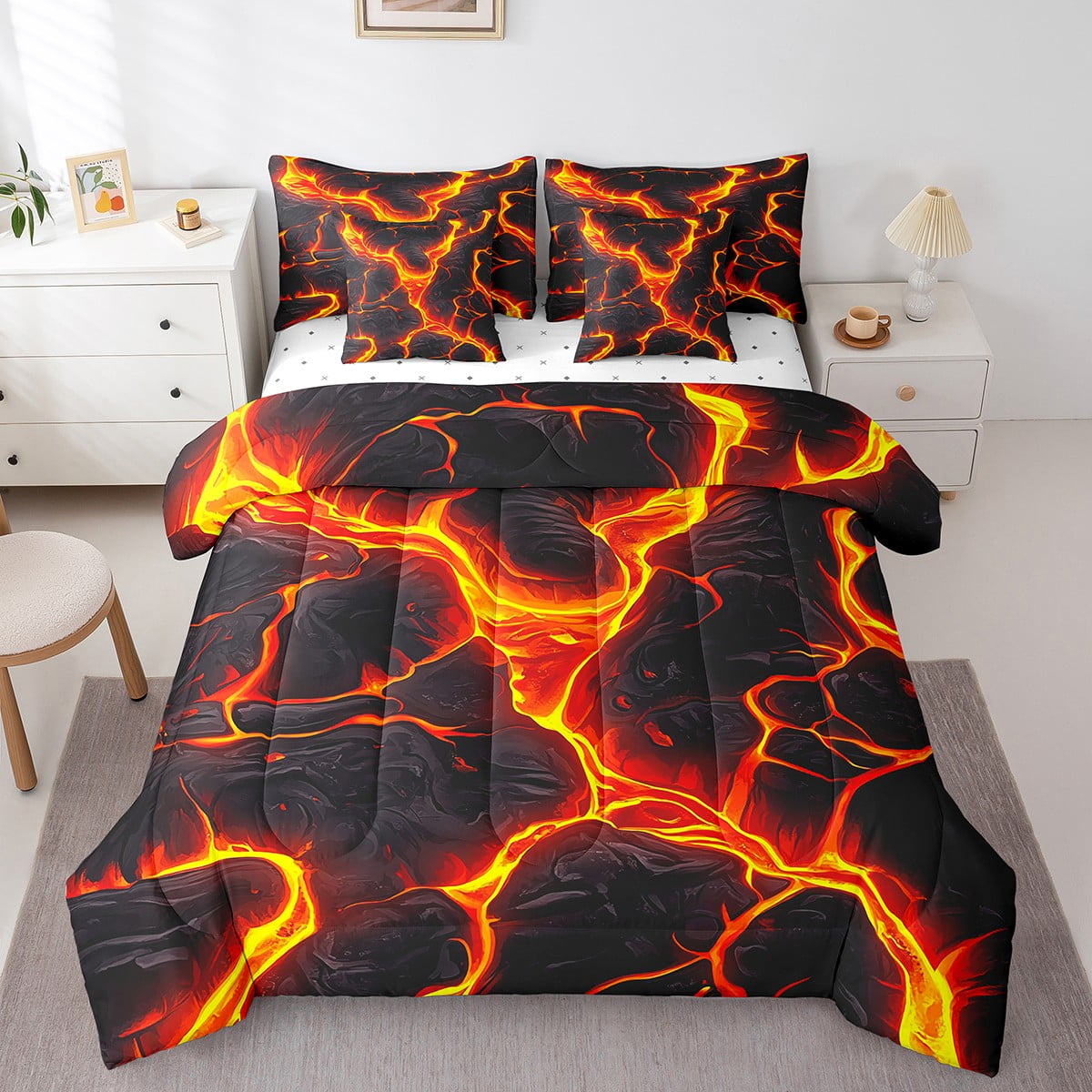 Red Fire Marble Sheet Set Modern Abstract Art Comforter 7 Pieces Bed In A Bag King Size Marbling ...