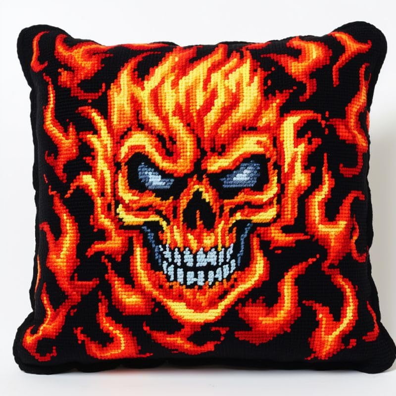 Red Fire Skull Latch Hook Kits Pillow DIY Rug Crochet Hook Cushion ...