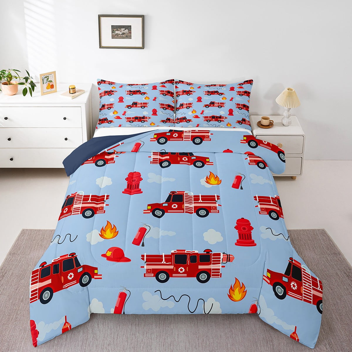 Red Fire Truck Bedding Set Firefighter Fire Truck Comforter Fighting ...