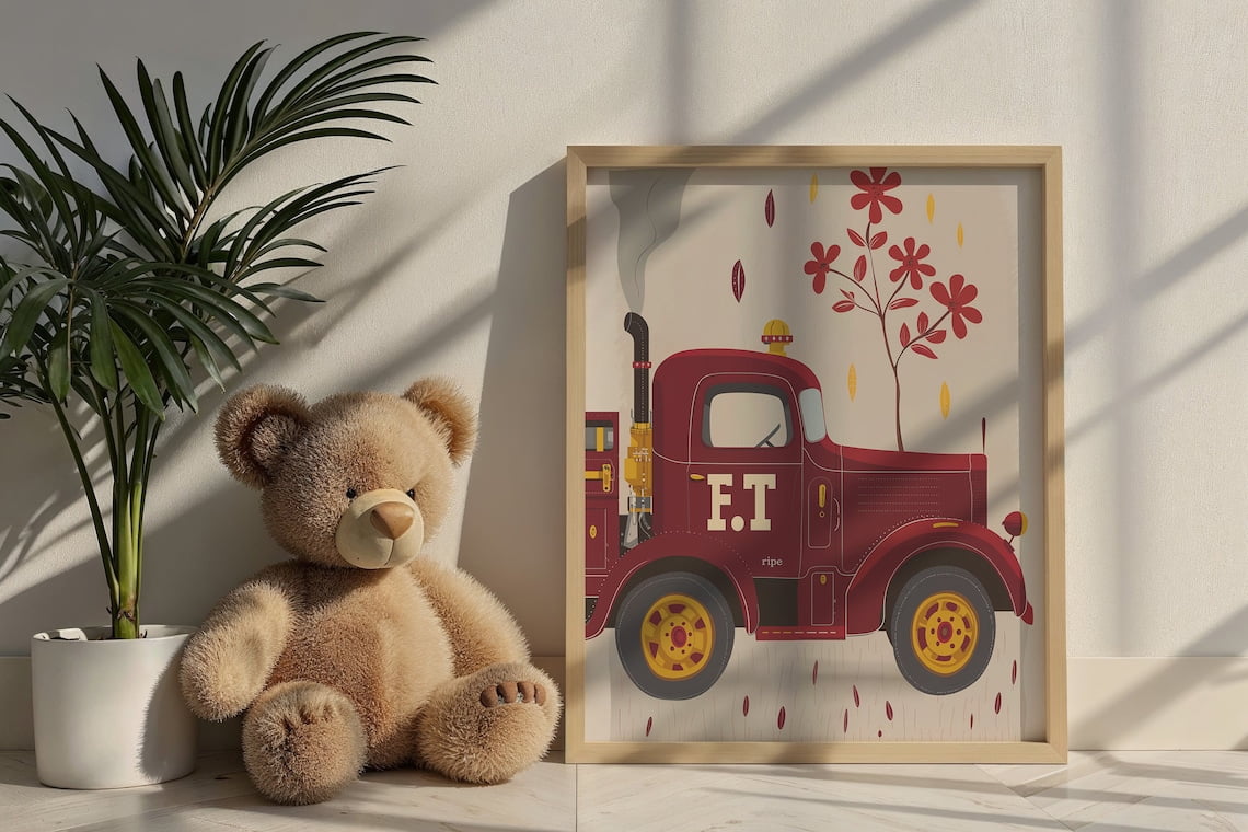 Red Fire Truck Printable, Autumn Nursery Wall Art, Child Room Decor ...