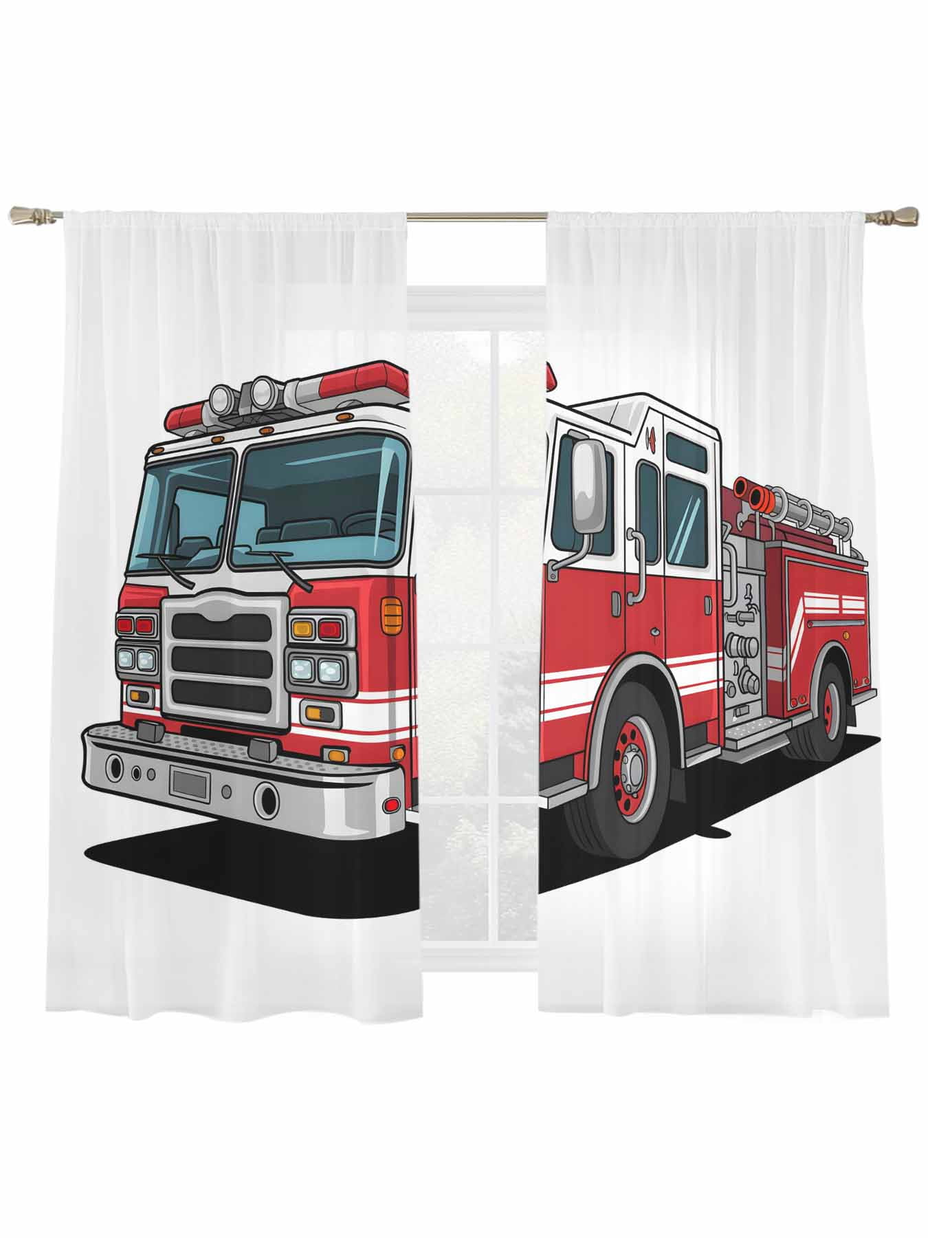 Red Fire Truck Sheer Curtains 63 Inch Long 2 Panels, Retro Classic Car ...