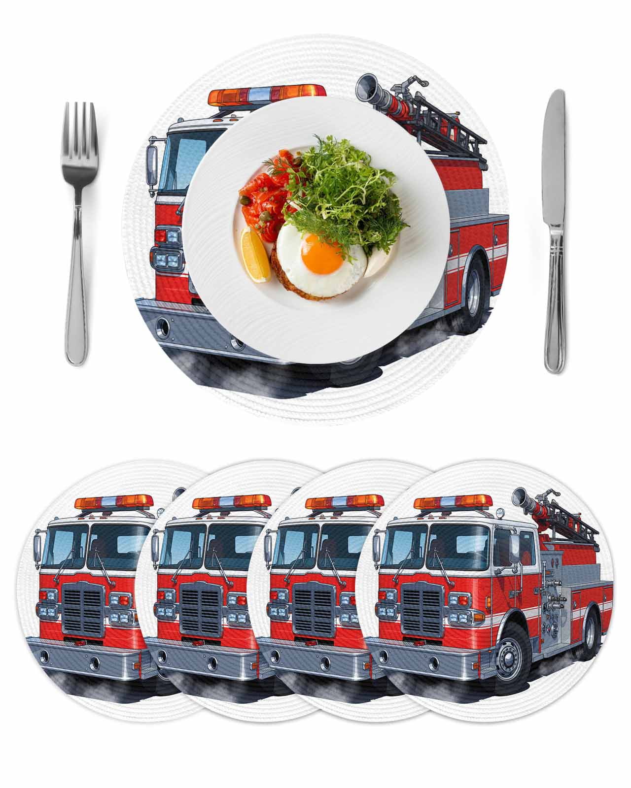 Red Fire Trucks Round Table Placemats set of 4, Cartoons Vehicles Cars ...