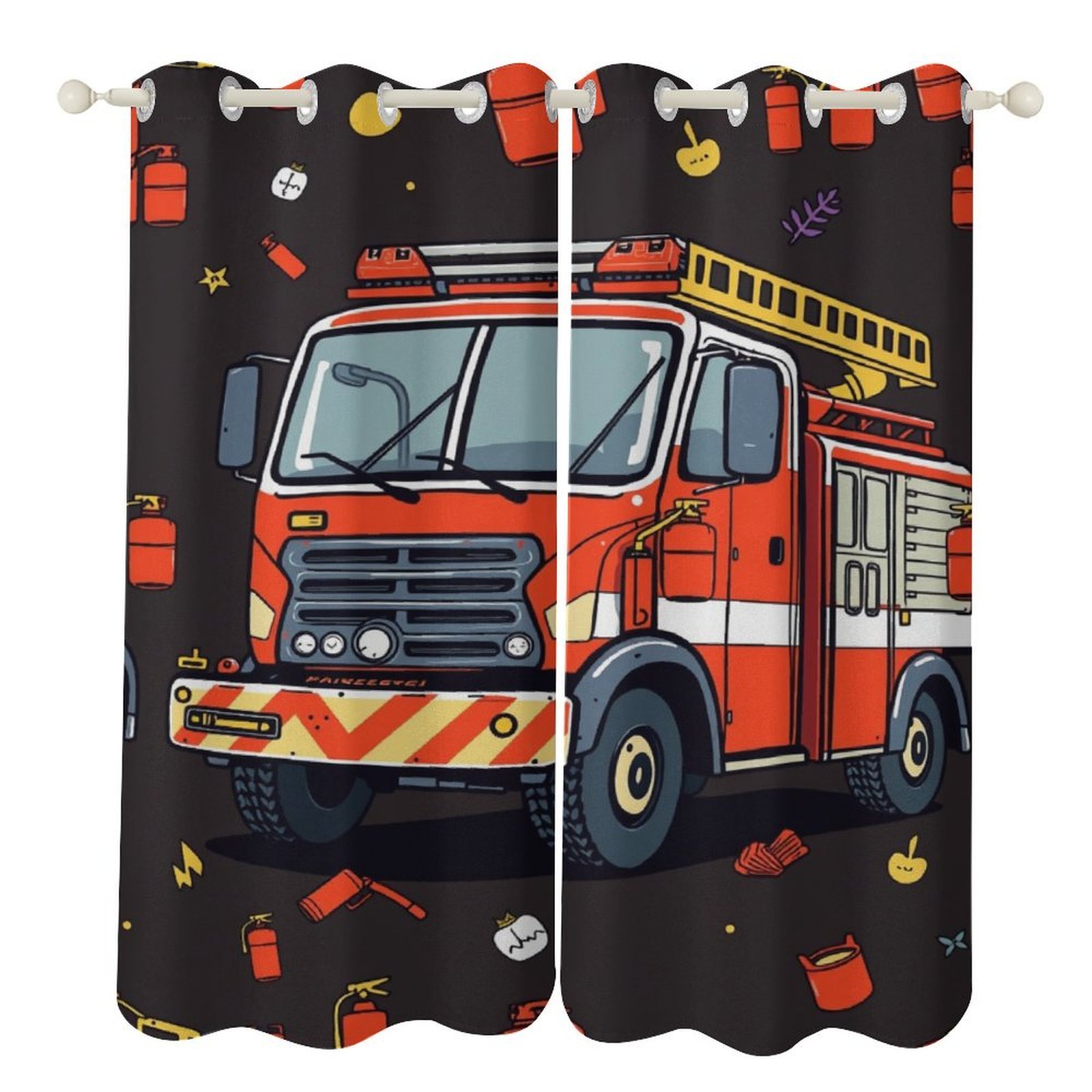 Red Firetruck Illustration Blackout Window Curtains for Bedroom Living ...