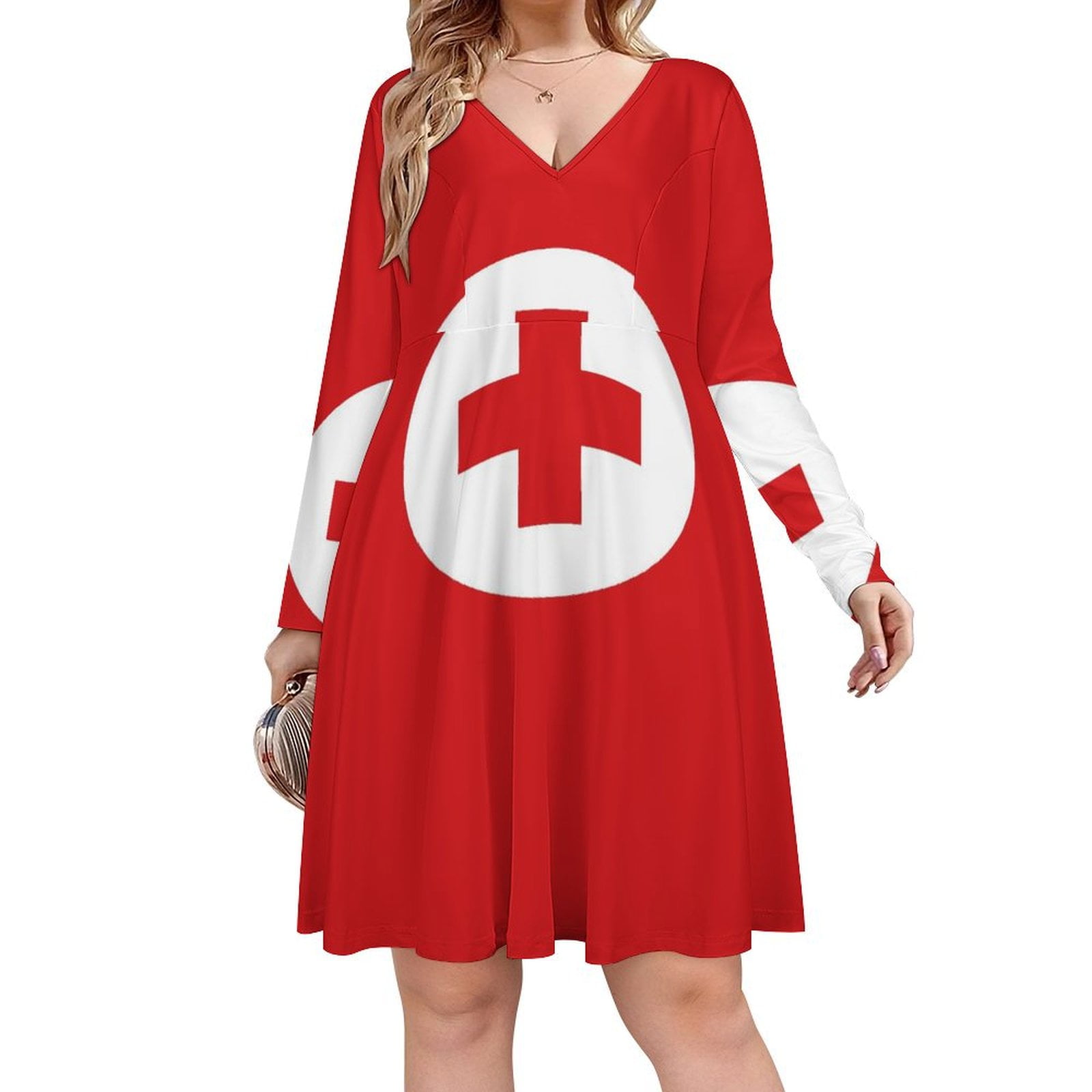 Red First Aid Logo Simple Medical Long Sleeve Dresses For Women Vintage ...
