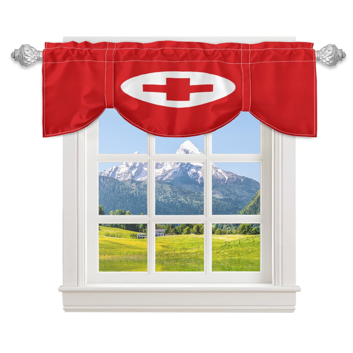 Red First Aid Logo Simple Medical Short Window Curtain Adjustable Tie ...