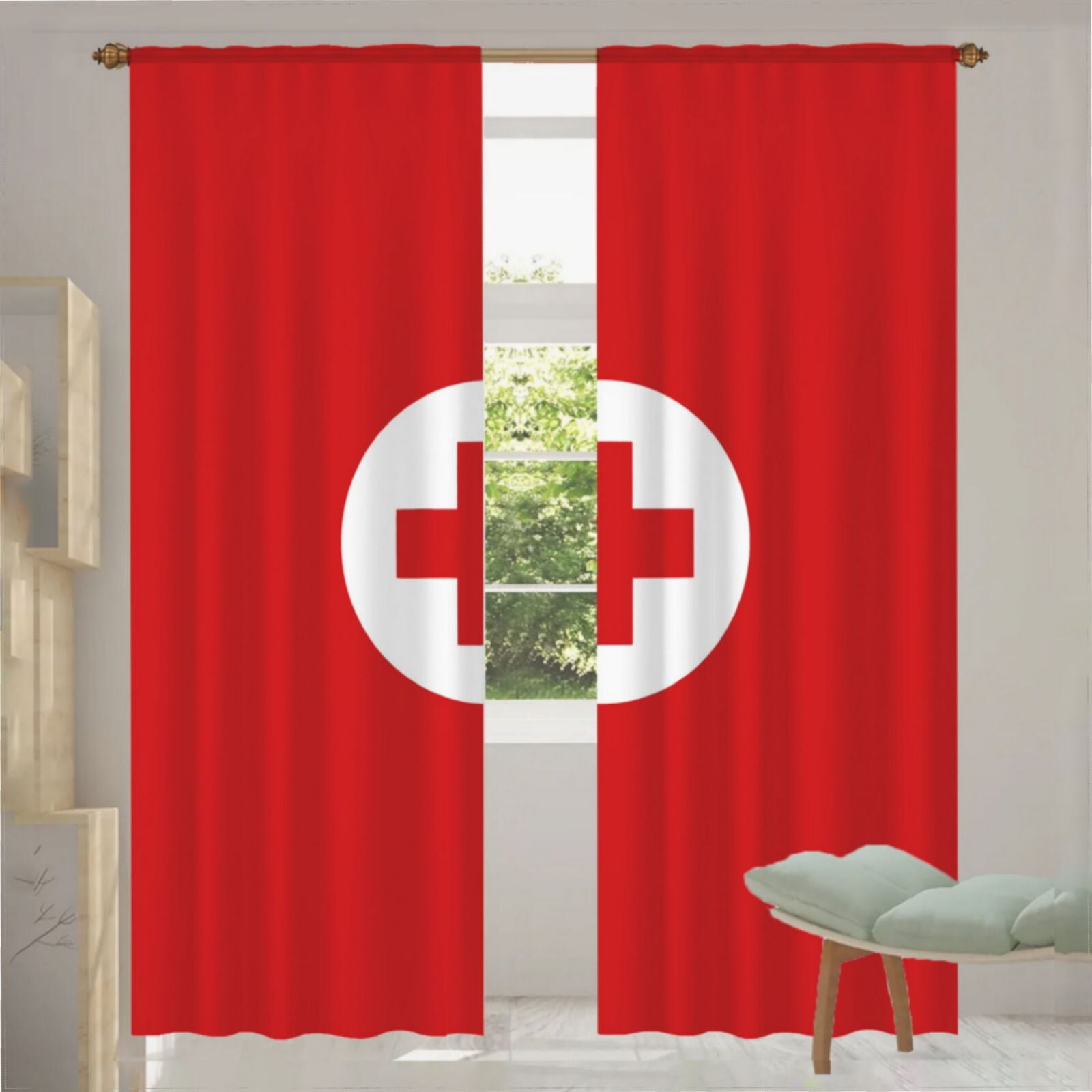 Red First Aid Logo Simple Medical Tulle Sheer Window Curtains For ...
