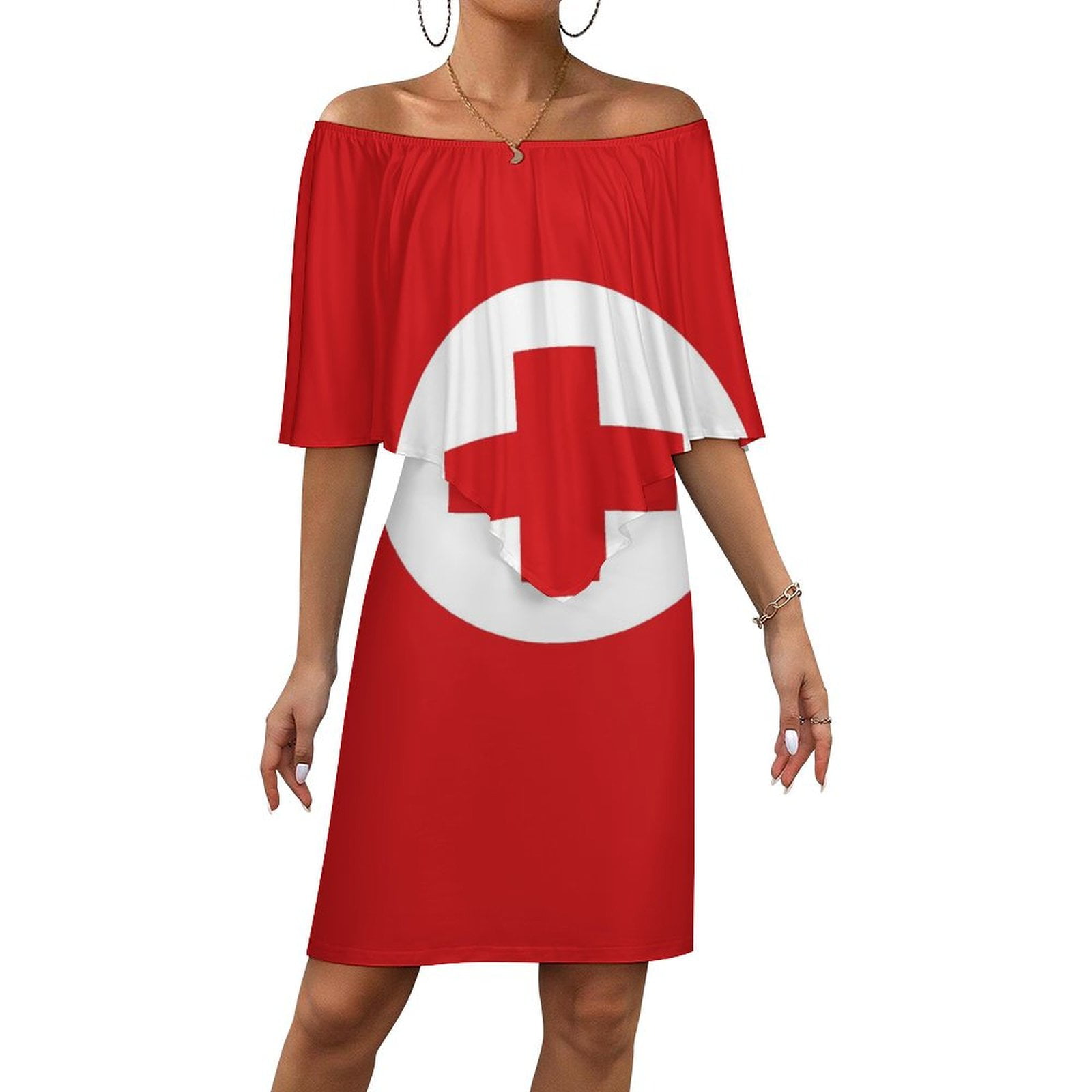 Red First Aid Logo Simple Medical Women's Off The Shoulder Ruffles ...