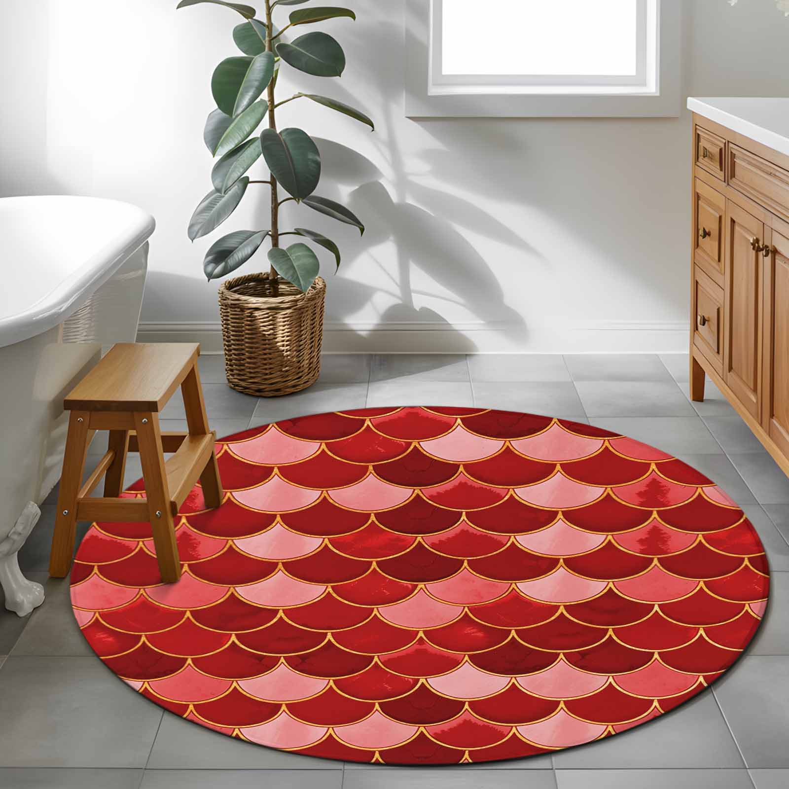 Red Fish Scales 4ft Round Rug for Cozy Reading Nook Home Office Chair ...