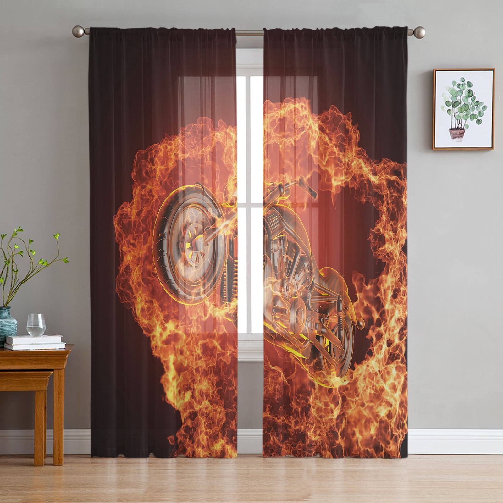 Red Flame Wheel Motorcycle Art Retro Curtains Tulle For Living Room ...