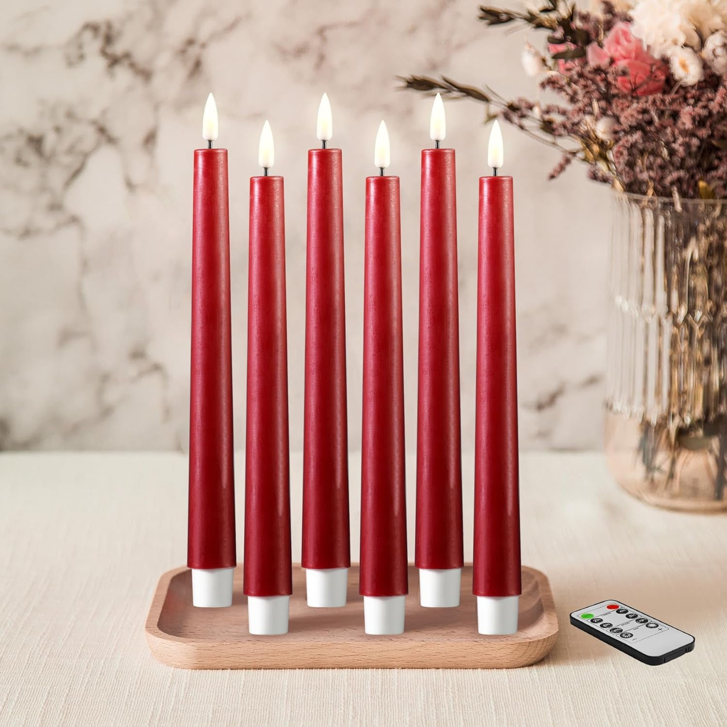 Red Flameless Taper Candles with Remote - Real Wax, Flickering LED ...
