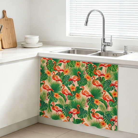 Red Flamingos Cabinet Curtains for Kitchen 28"W x 35"L, Jungle Plants ...