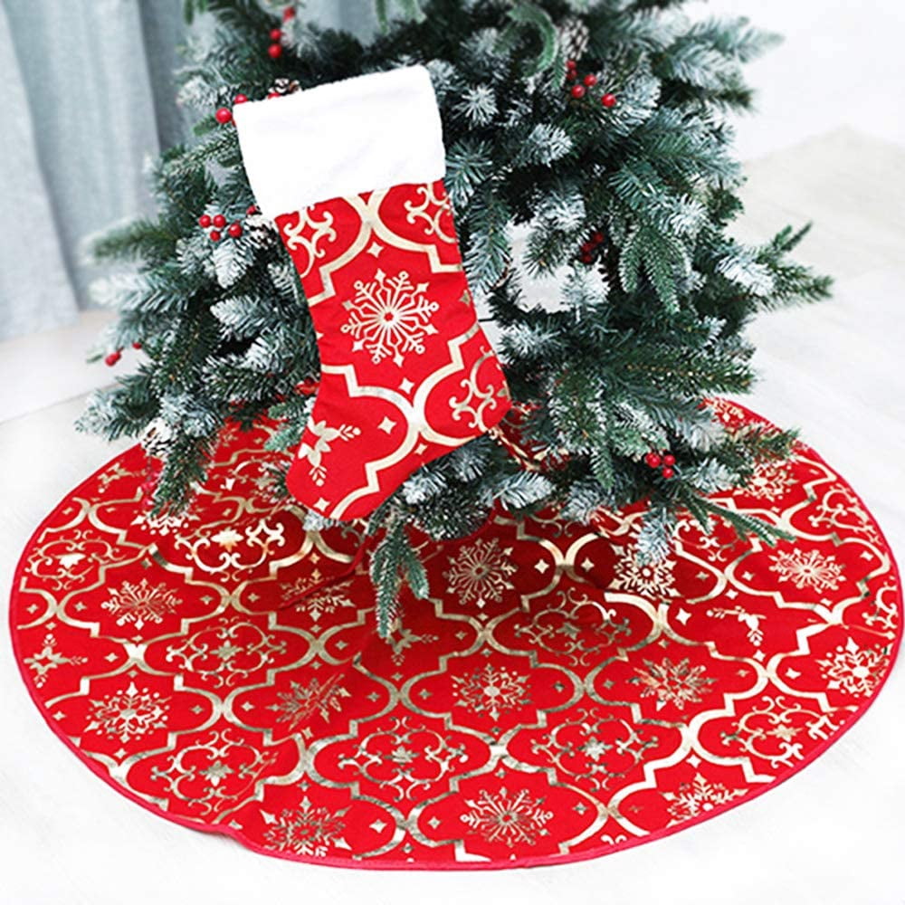 Red Flannel Tree Mat, 48 inches Large with Gilded Christmas Patterns ...
