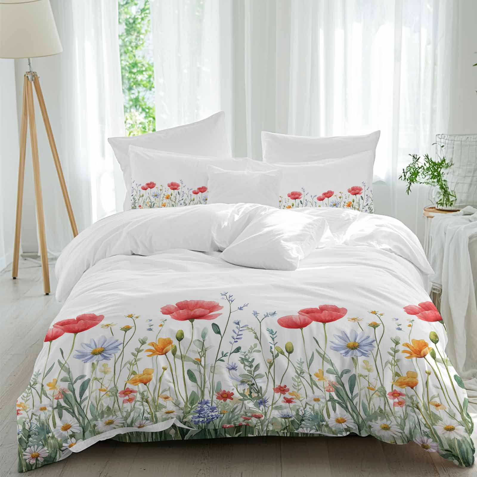 Red Floral 4 Piece Duvet Cover Set Queen Size Rustic Wildflower Leaf ...