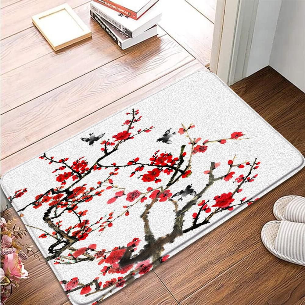 Red Floral Bath Mat Spring Blooming Cherry Blossom Flower Plum Asian ...