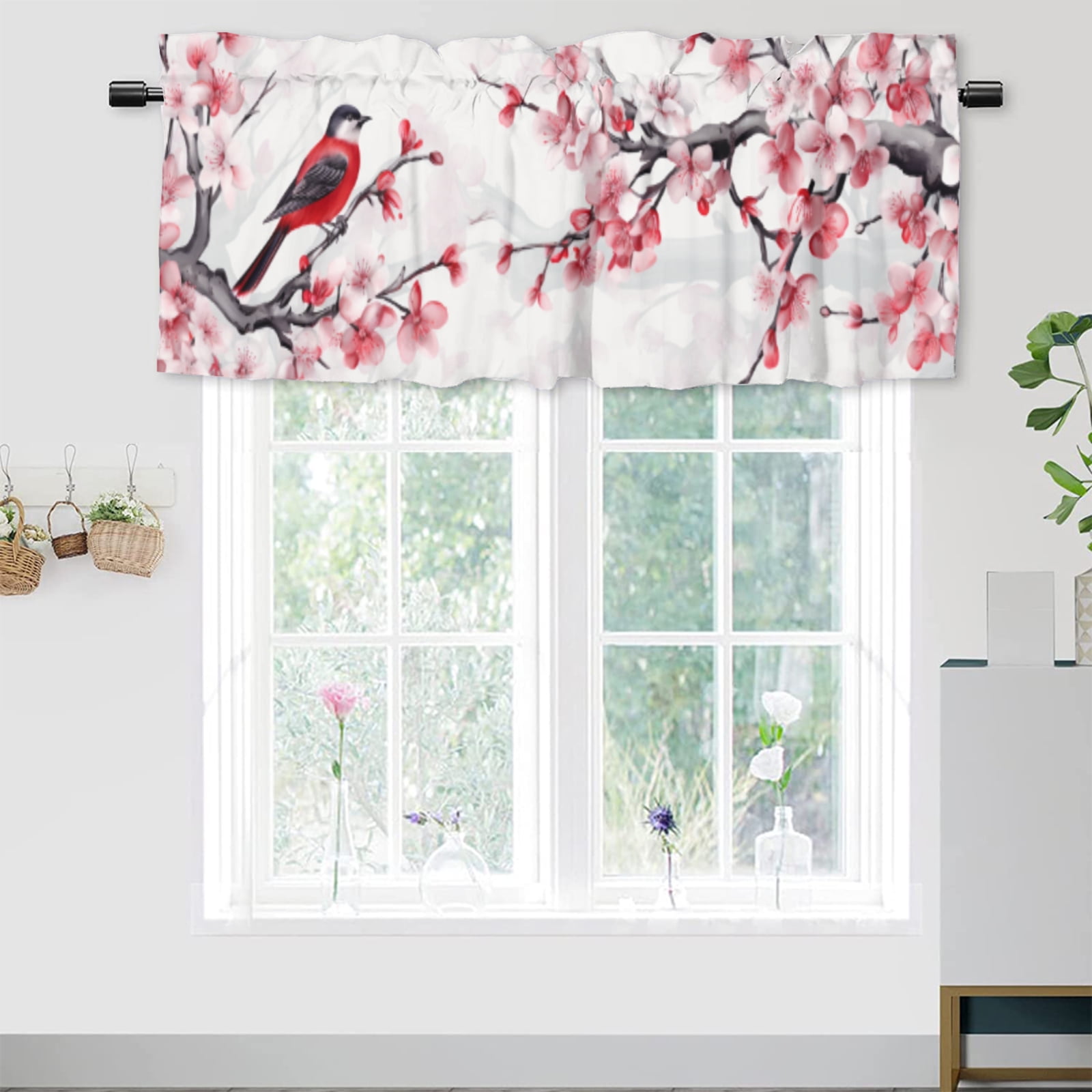 Red Floral Birds Valance Curtains Spring Cherry Blossom Watercolor ...