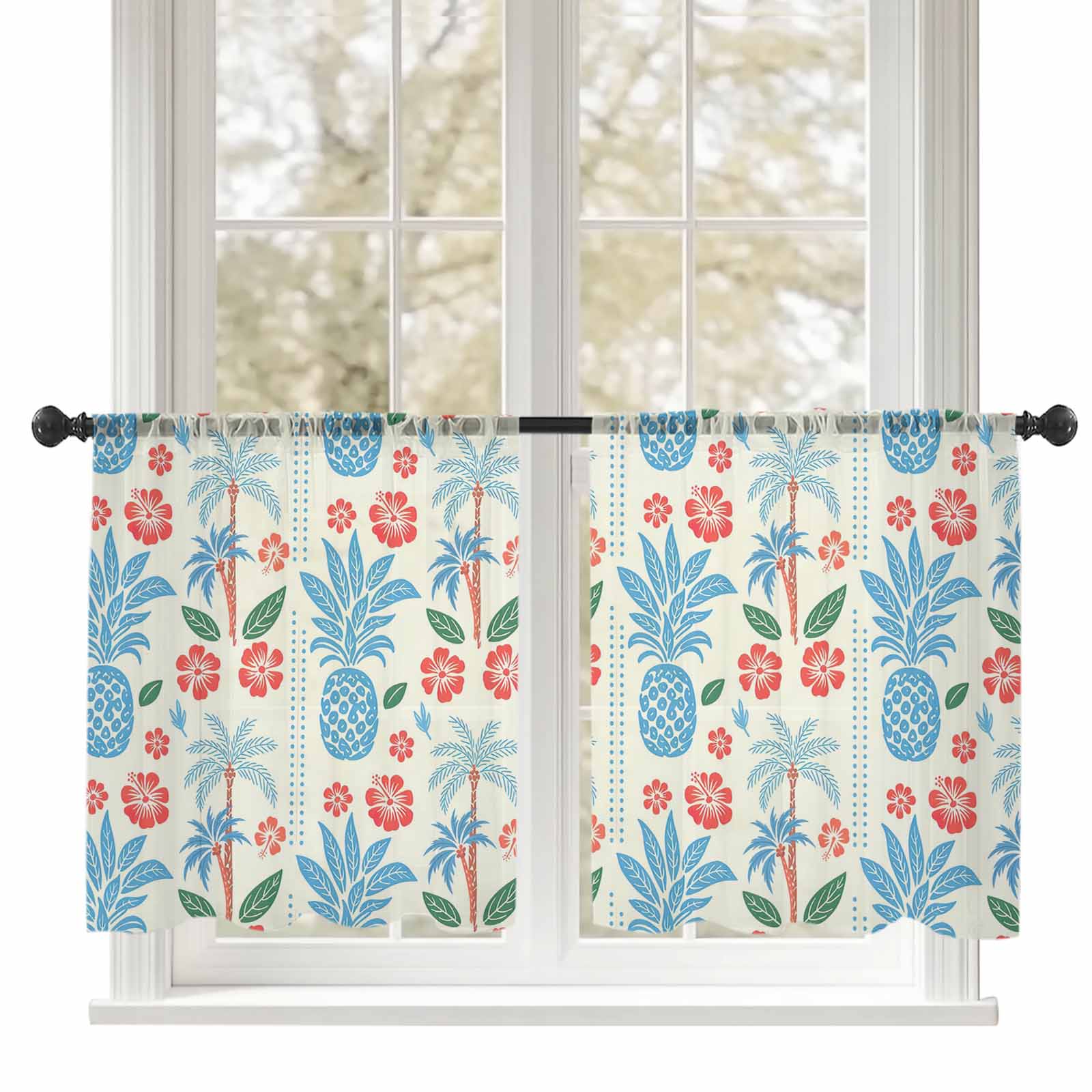 Red Floral Blue Pineapple Sheer Curtains 54 inches Long, Summer Palm ...