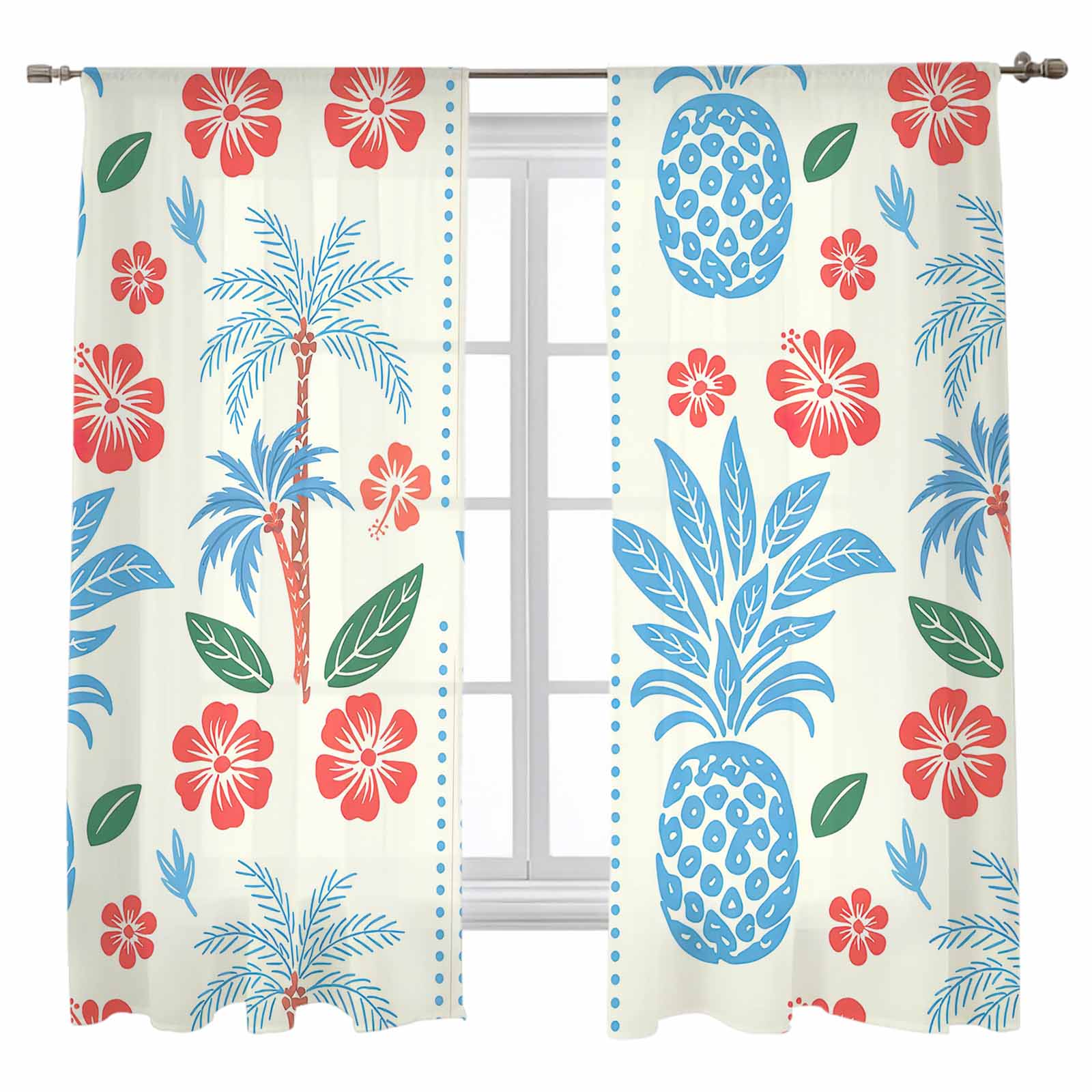 Red Floral Blue Pineapple Sheer Curtains 63 inches Long, Summer Palm ...