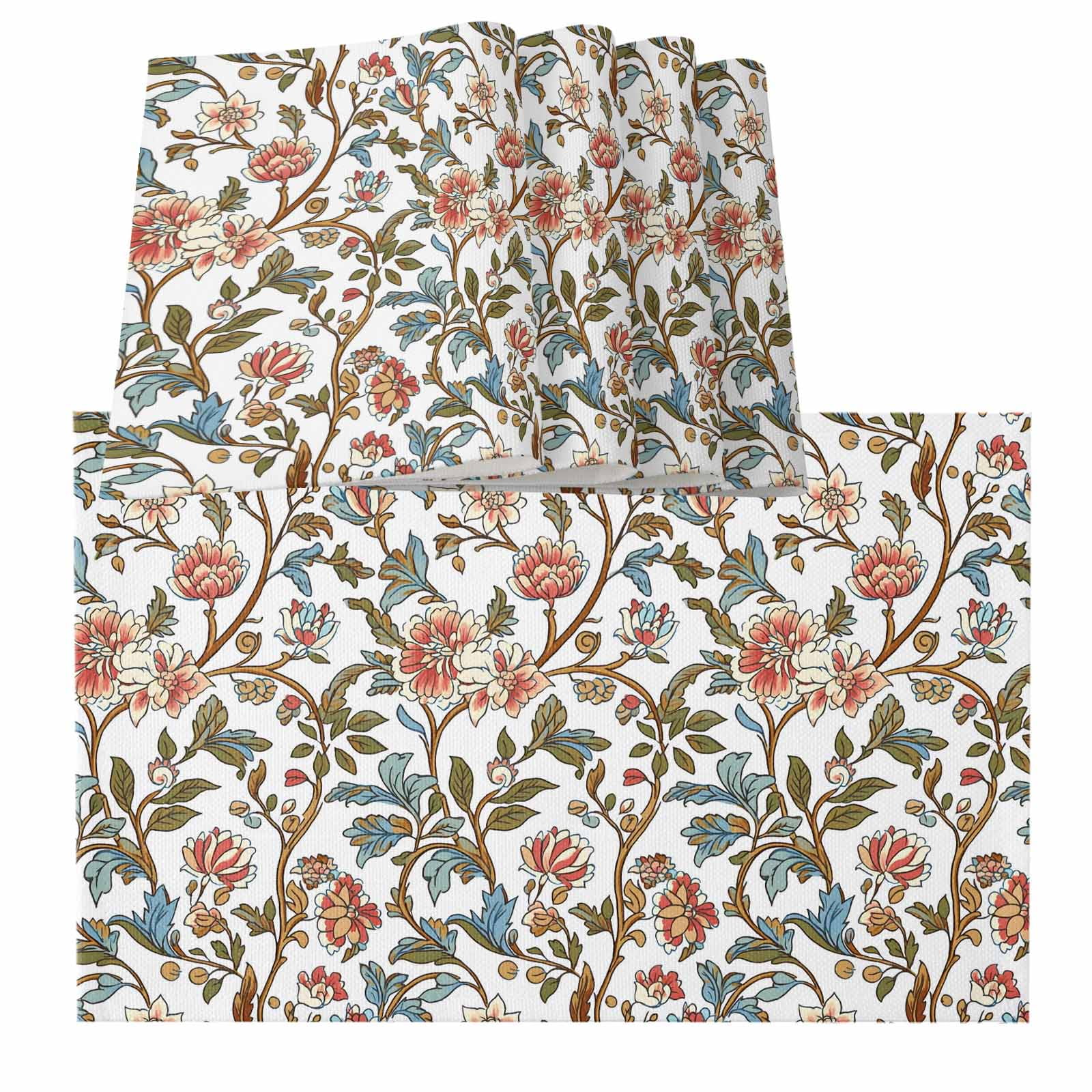 Red Floral Botanical Watercolor Vintage Flower Leaf Burlap Kitchen ...