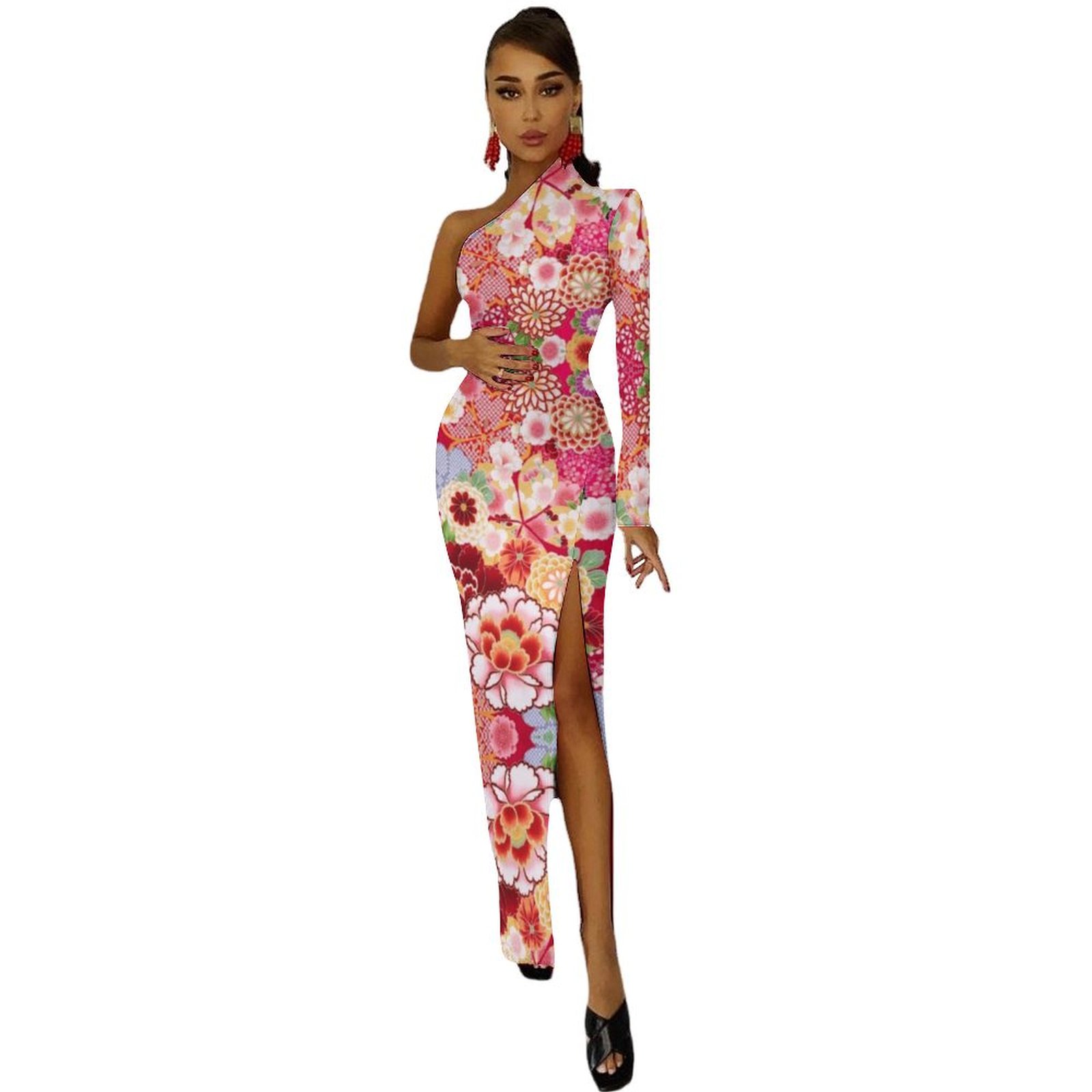 Red Floral Burst Half Dleeve Split Dress elegant chic wedding evening ...