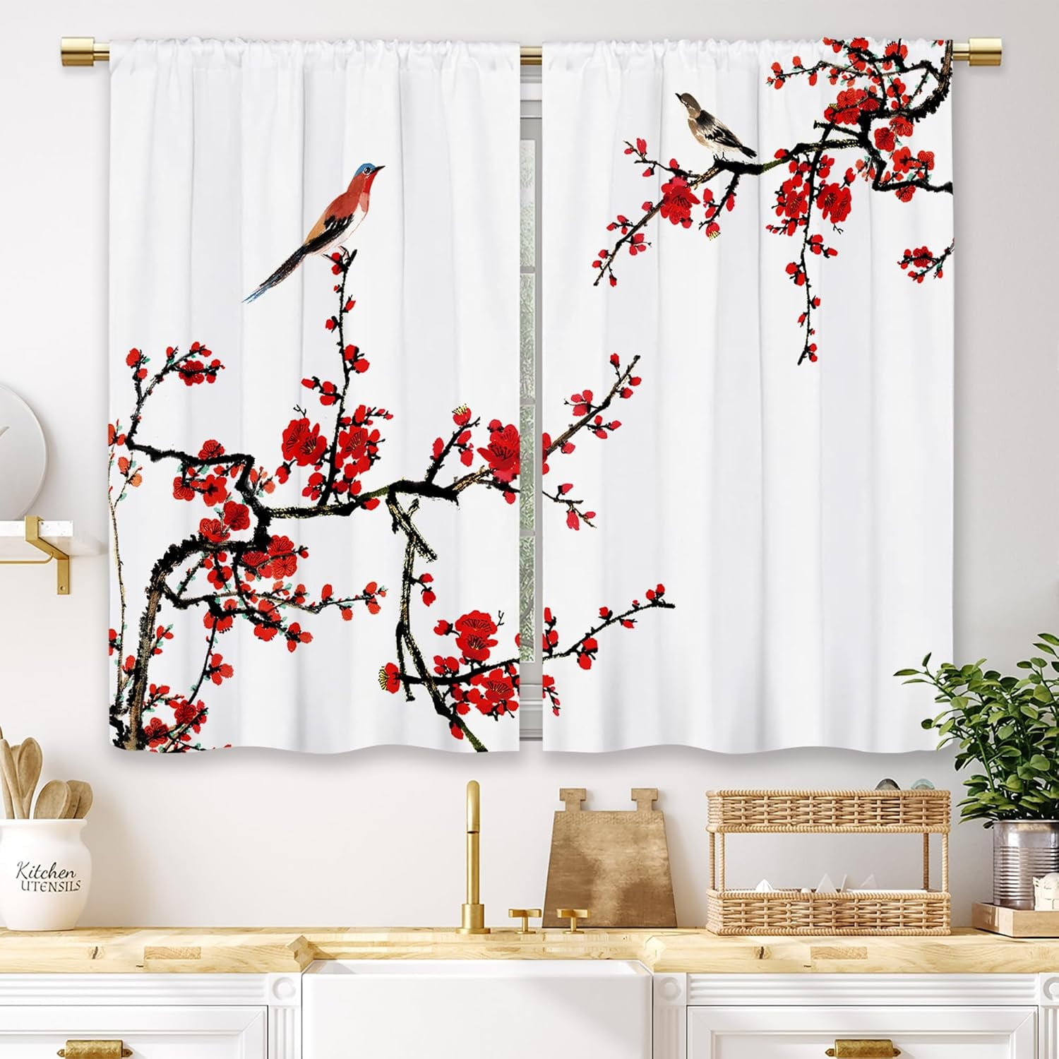 Red Floral Cherry Kitchen Curtains Cafe Window Curtains Blossom Asian ...