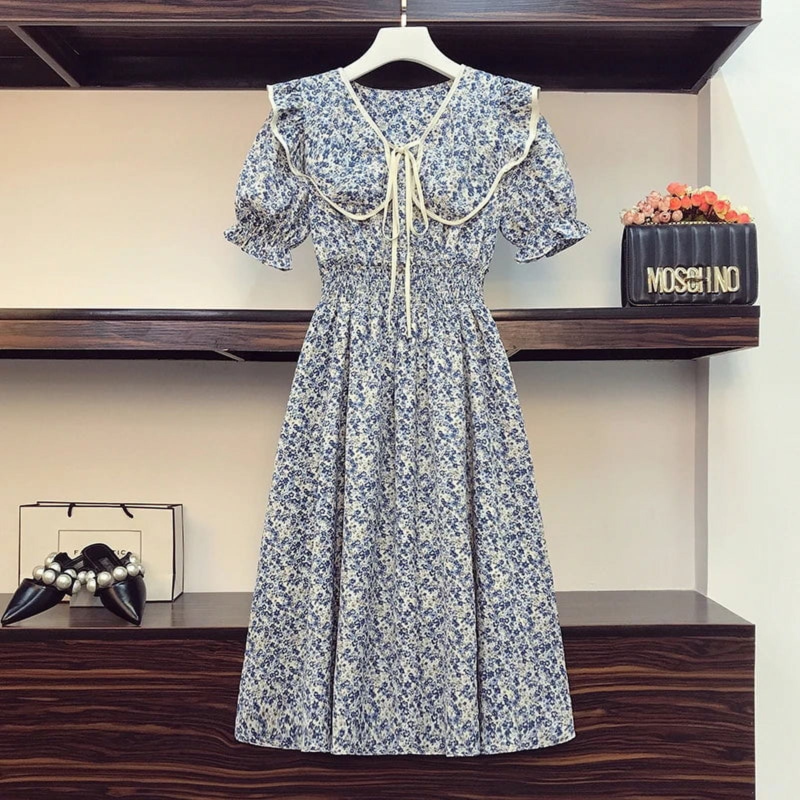 Red Floral Chiffon Puff Sleeve Midi Dress Women Boho Fashion Light ...