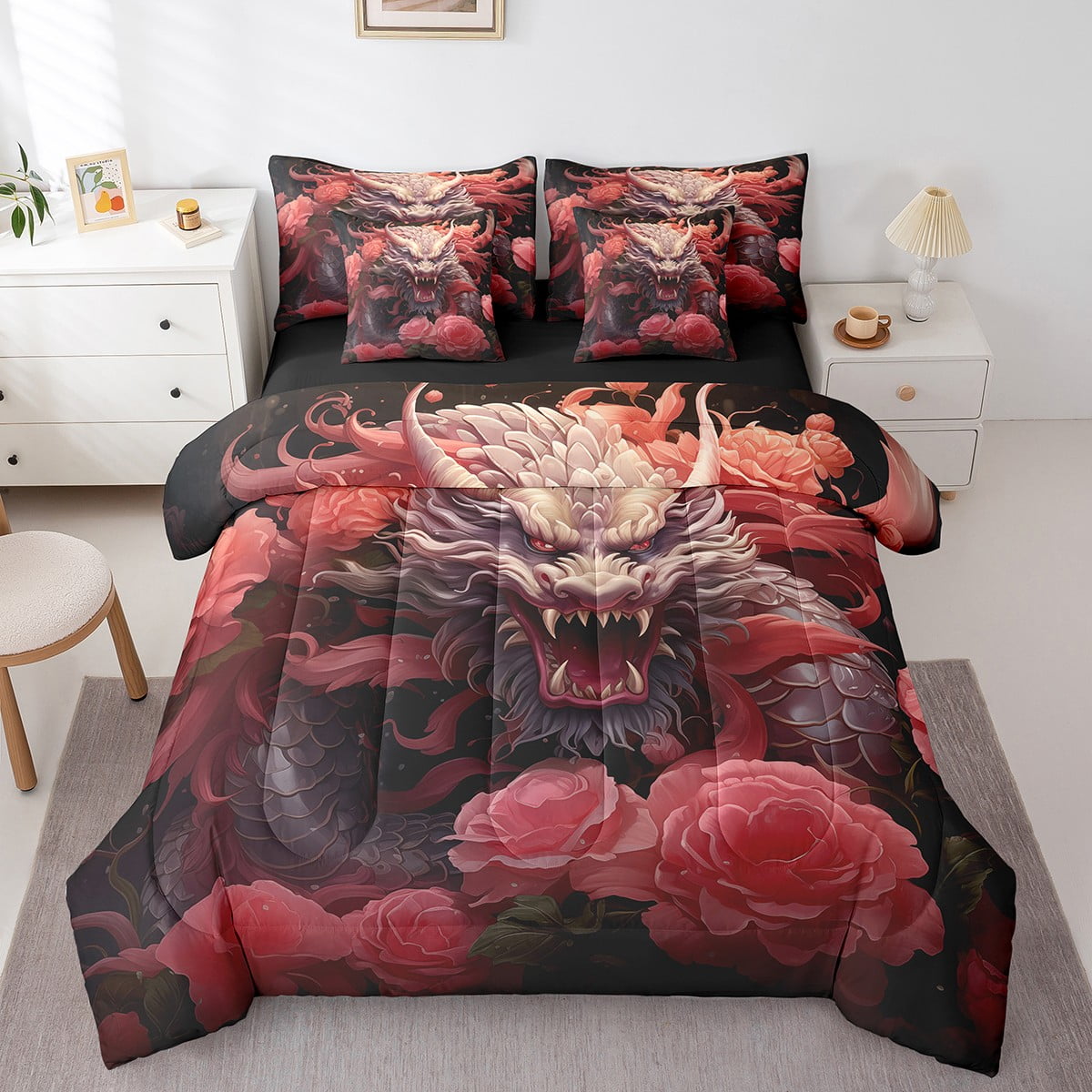 Red Floral Dragon Twin Comforter Set 7 Piece,Asian Oriental Chinese ...
