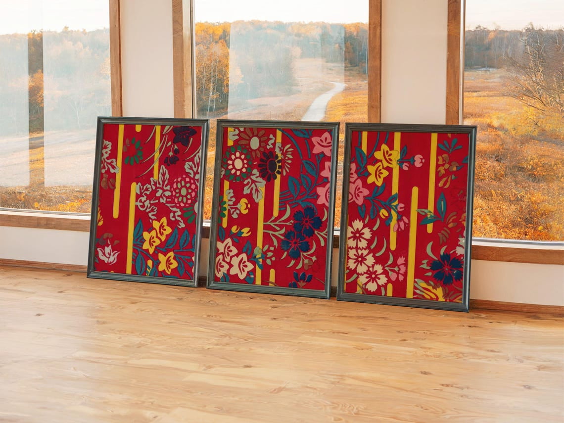 Red Floral Kimono Pattern Prints Set Of 3, Traditional Asian Textile ...