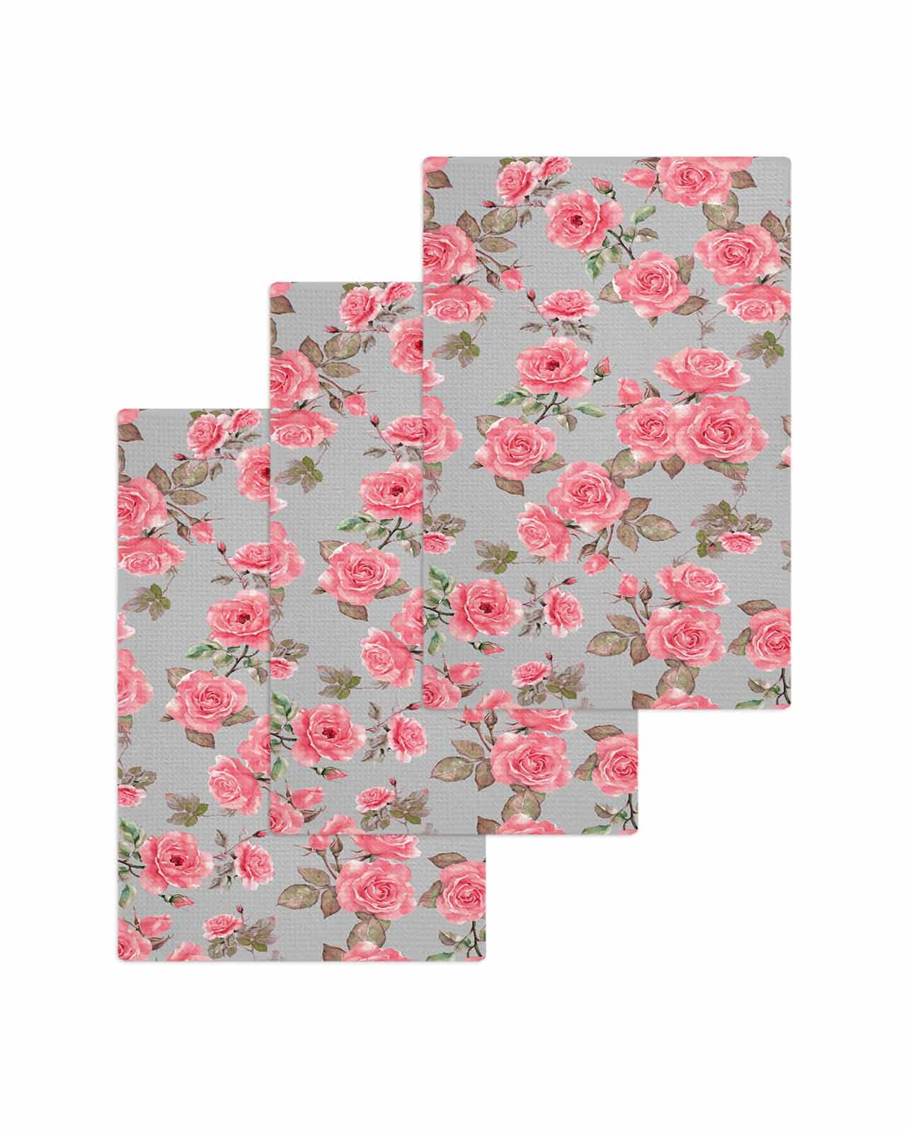 Red Floral Kitchen Dish Towels for Drying Dishes Set of 3, Farmhouse Garden Flowers Botanical ...