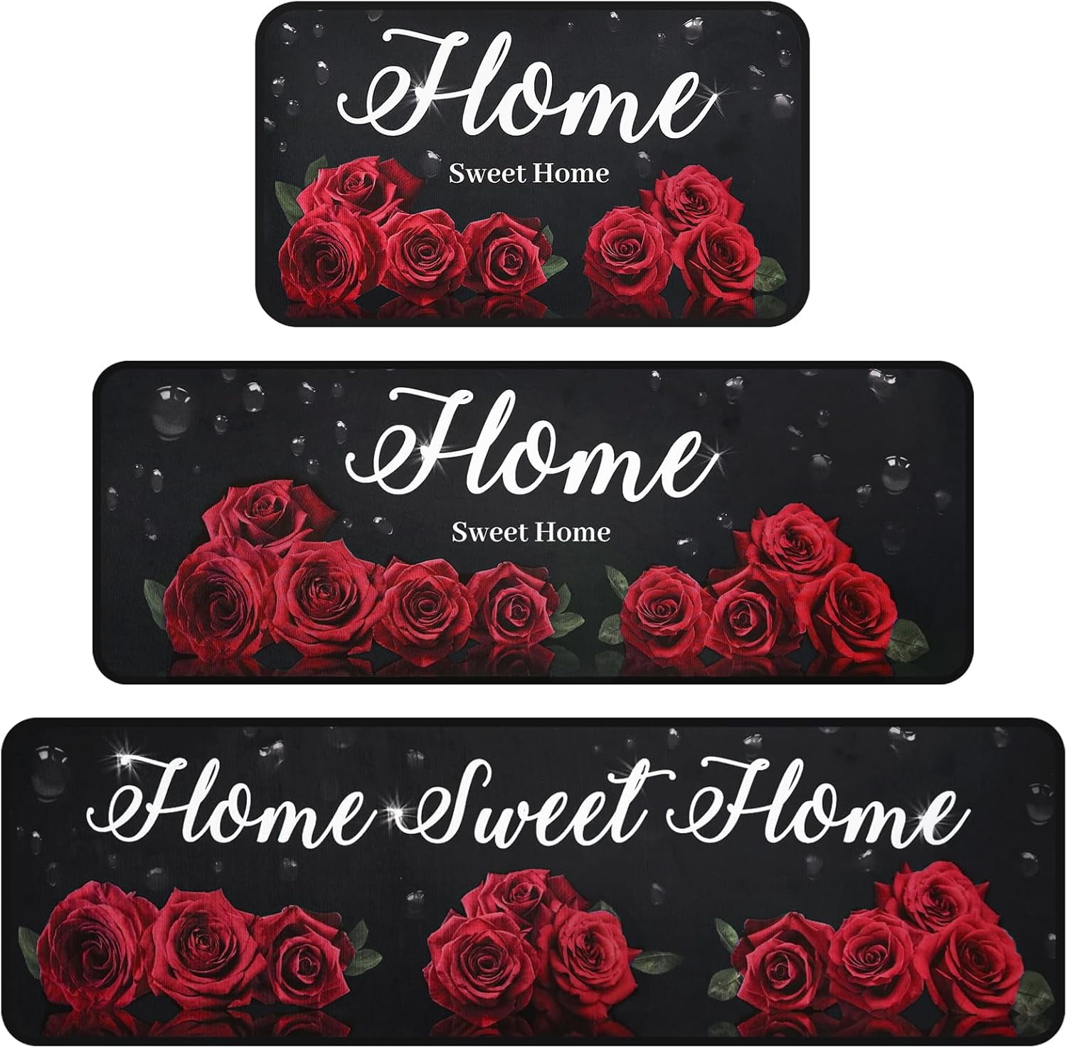 Red Floral Kitchen Mat Set of 3, Red and Black Kitchen Rugs Non-Skid ...