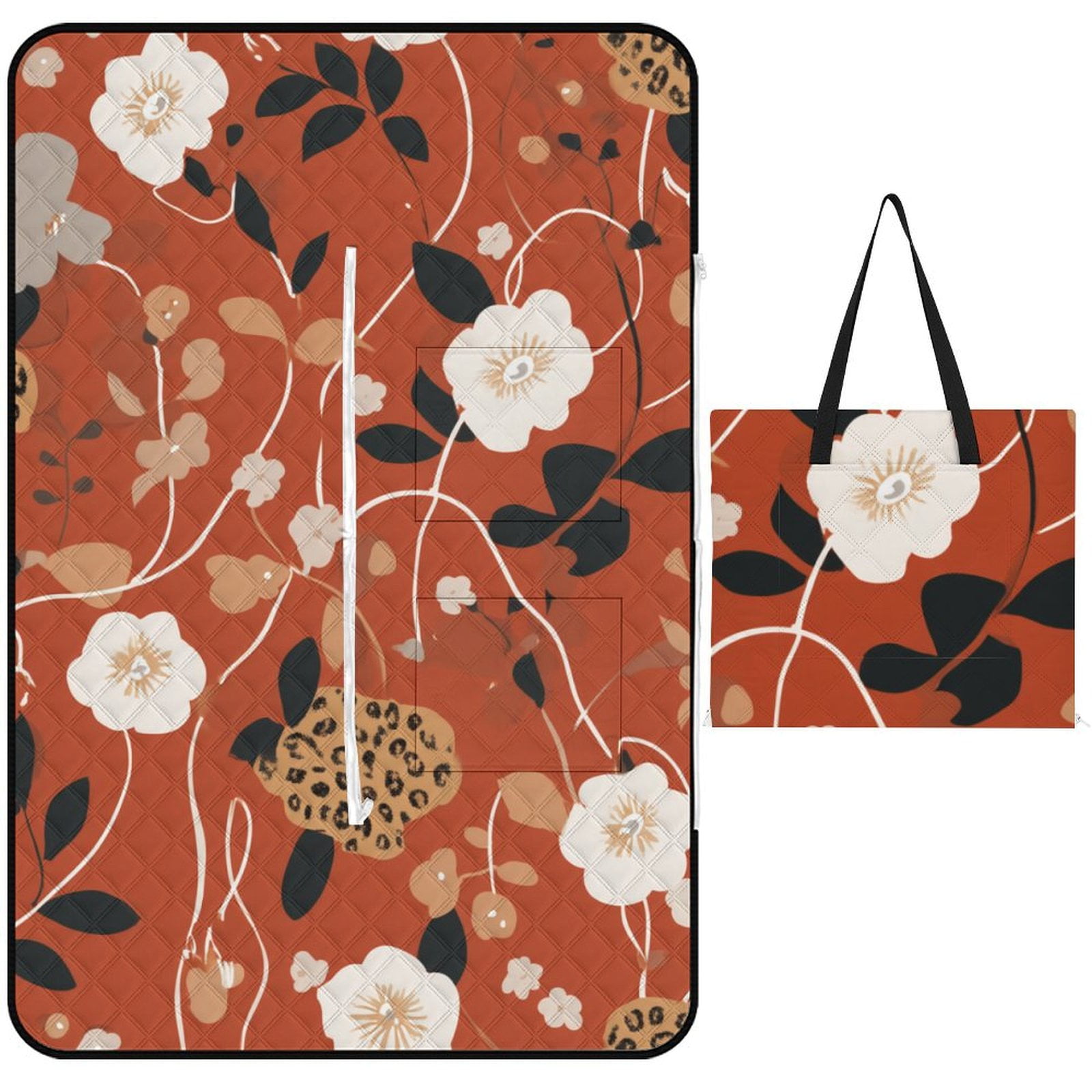 Red Floral Leopard Print Pattern Design Waterproof Picnic Blanket with ...