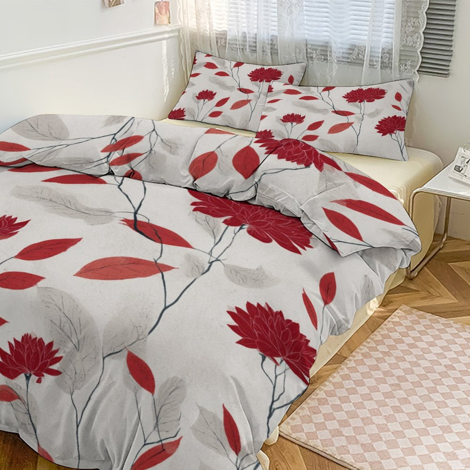 Red Floral Pattern Elegant Design Seamless Print Bedding Set with ...