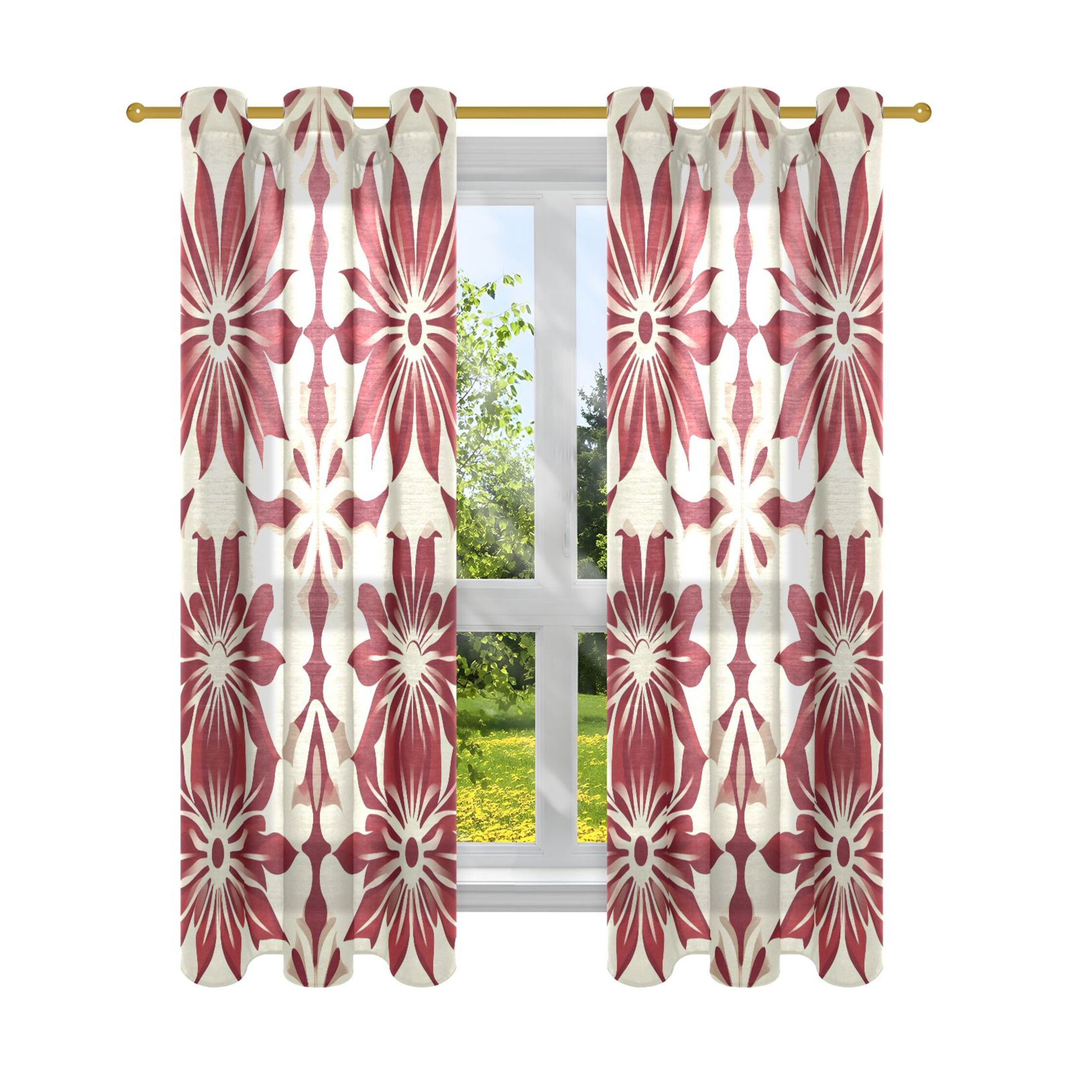 Red Floral Pattern Semi Sheer Curtains for Living Room Bedroom Set of 2 ...