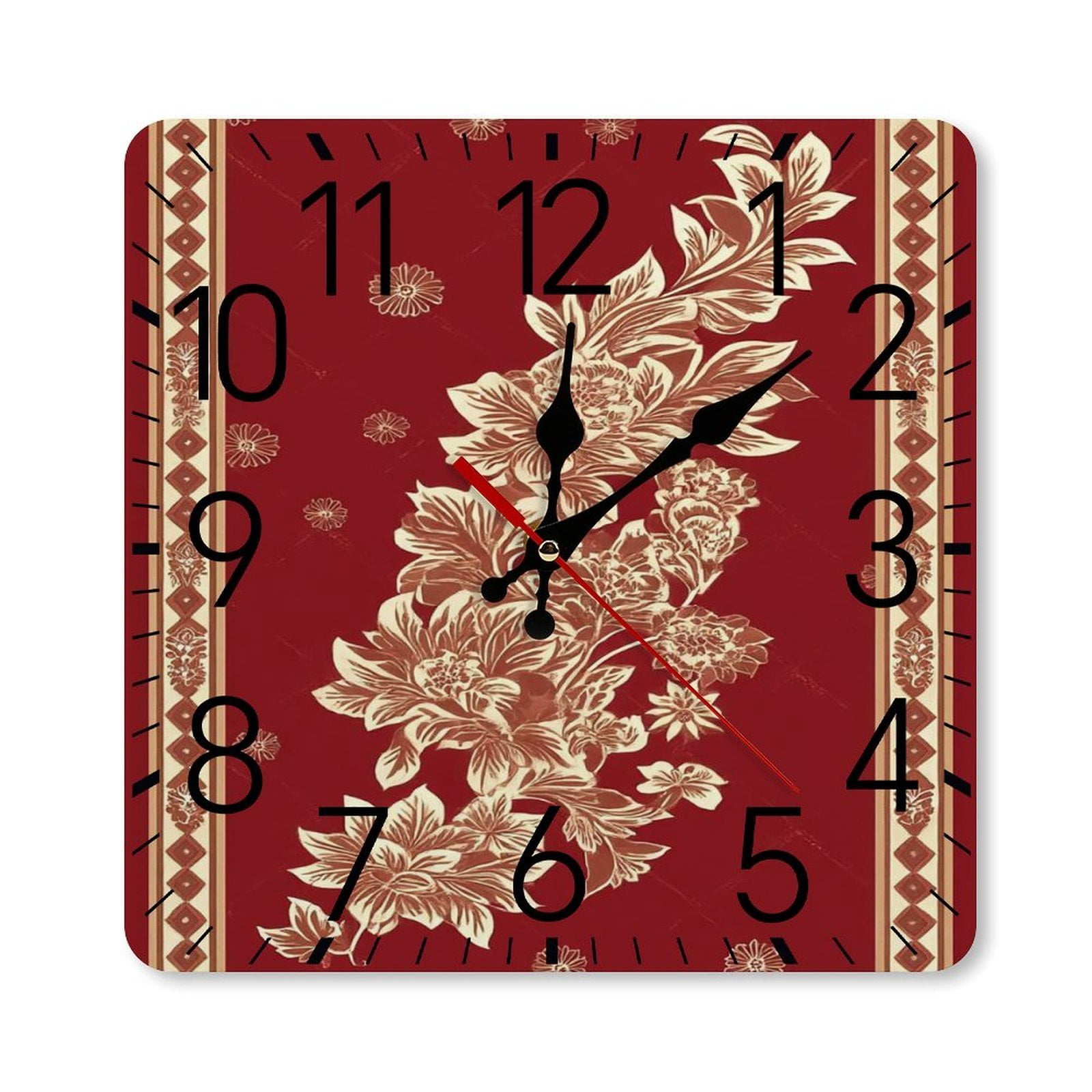 Red Floral Patterned Fabric Design Wall Clock Silent Non-Ticking For ...