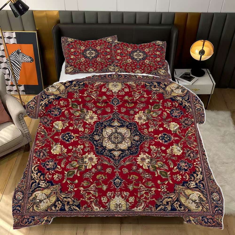 Red Floral Persian Rug Comforter Set Queen Size Bedding Set For Travl ...