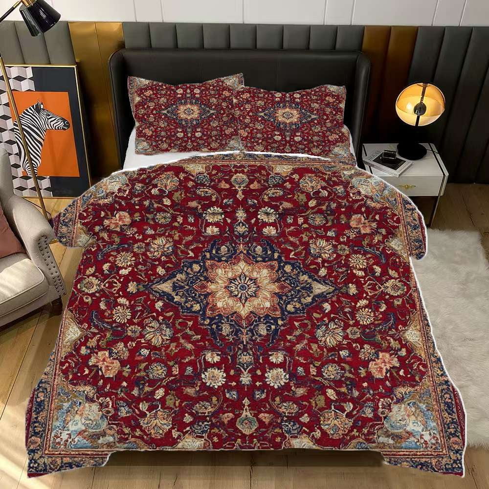 Red Floral Persian Rug Comforter Set Queen Size Bedding Set For Travl ...