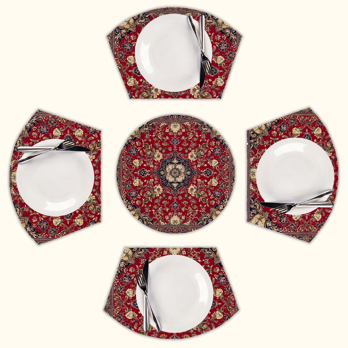 Red Floral Persian Rug Round Table Placemats Set Of 5 Wedge Table Mats ...