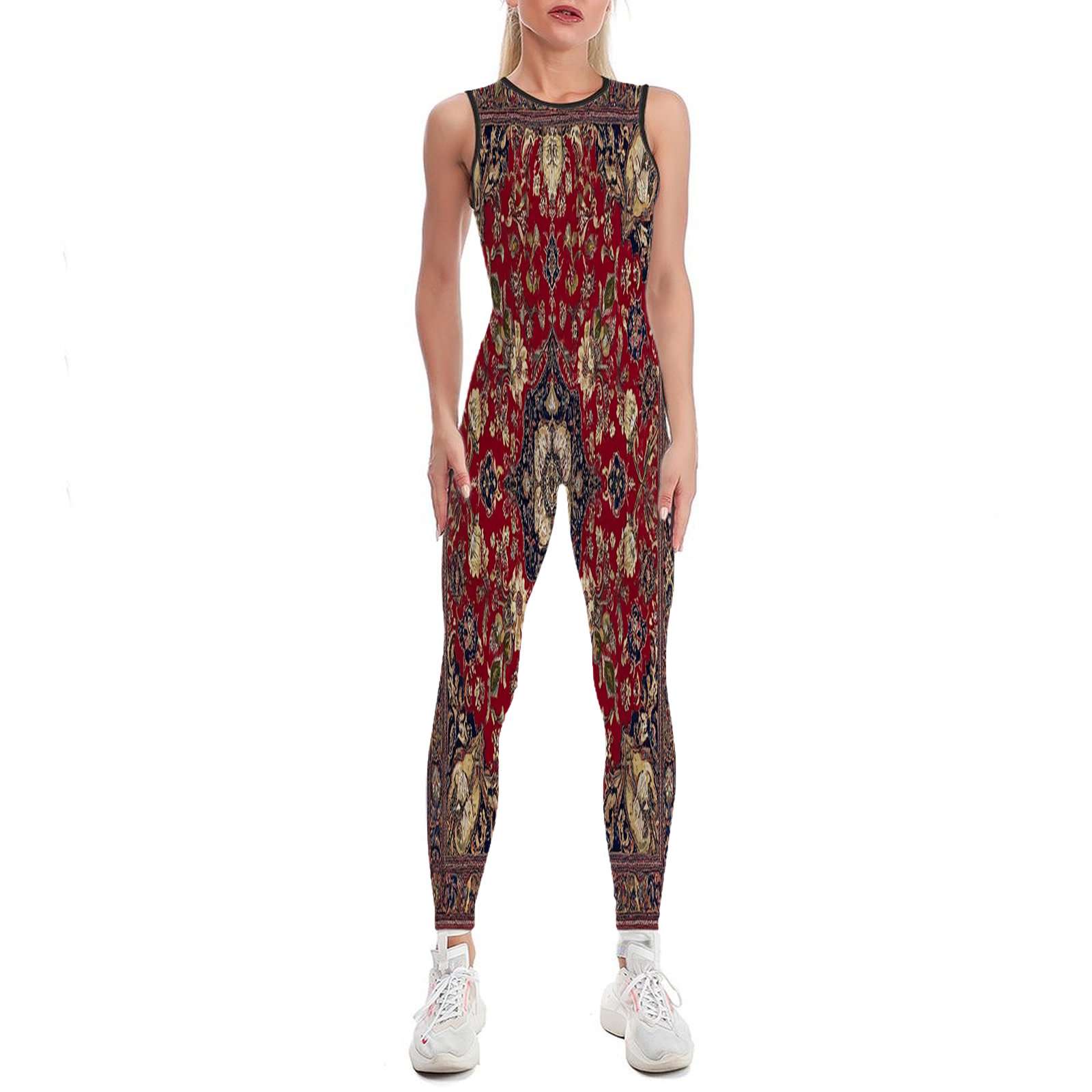 Red Floral Persian Rug Women's One Piece Yoga Jumpsuits Leggings ...